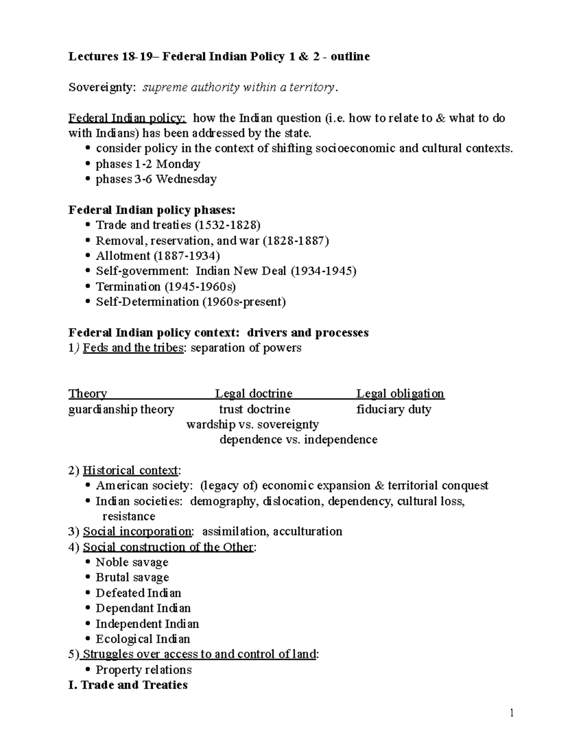 FL'21-18-19 - Federal Indian policy 1 & 2 - outline - Lectures 18-19 ...