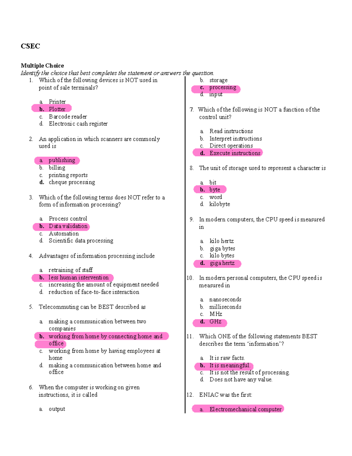 🗃️IT Paper 1 (Questions 1-166) - CSEC Multiple Choice Identify the ...