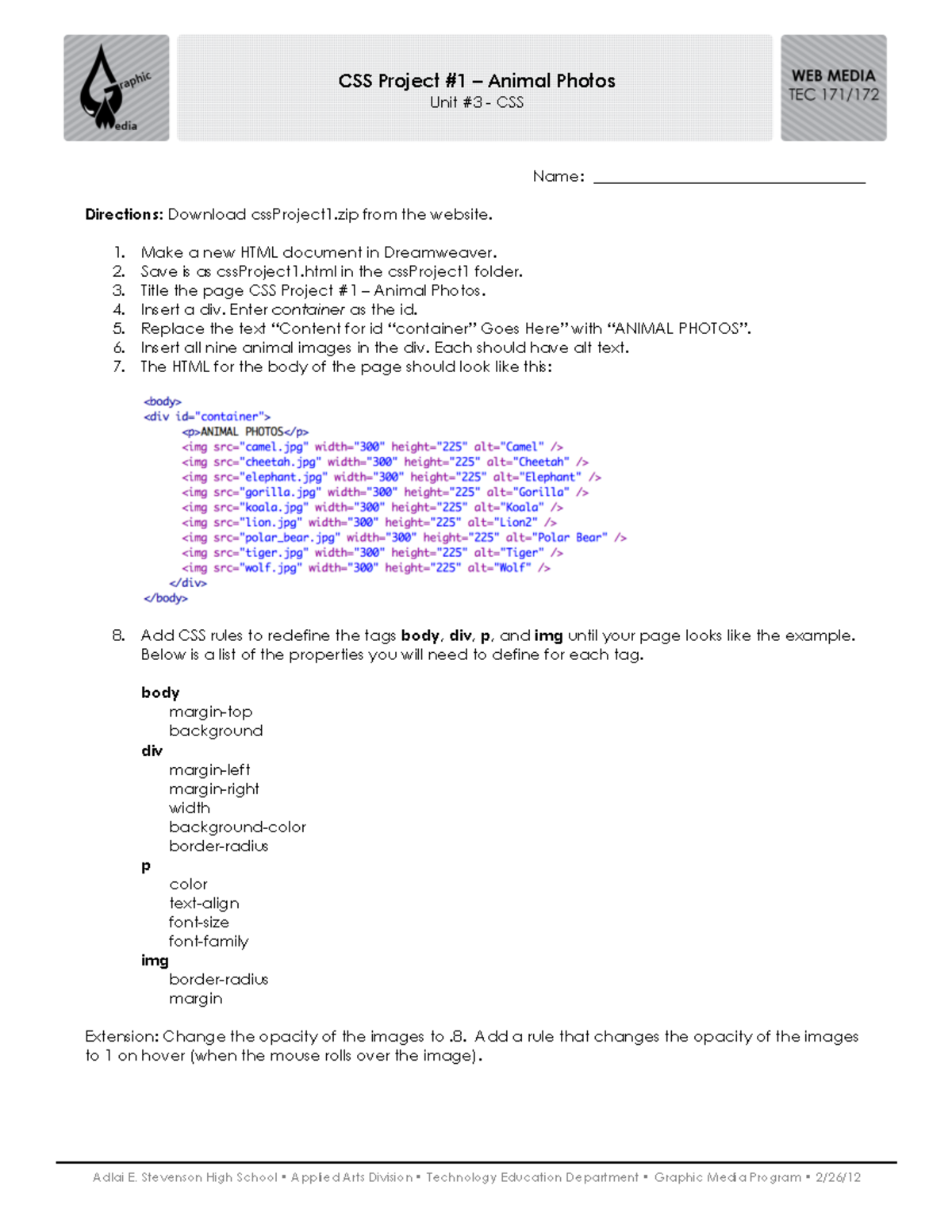 Css Project 1 - CSS Project #1 – Animal Photos Unit #3 - CSS Adlai E ...