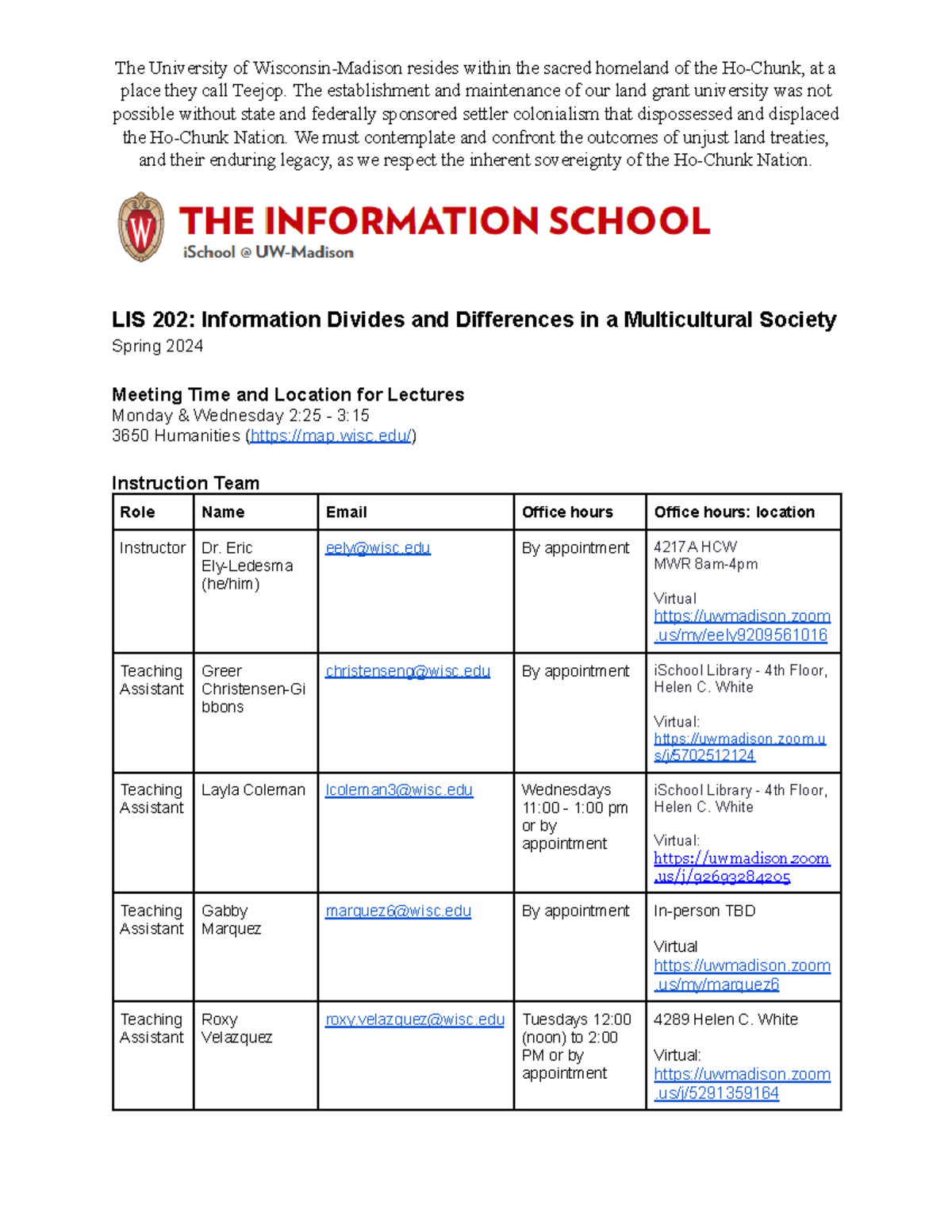LIS 202 Spring 2024 Syllabus - The University of Wisconsin-Madison resides within the sacred ...