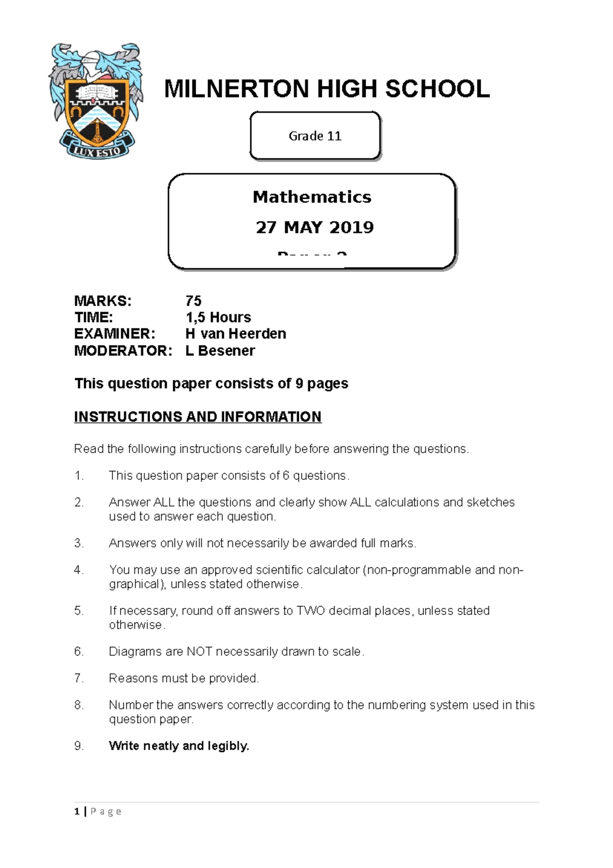 Grade 11 Paper 2 June 2019 - MILNERTON HIGH SCHOOL MARKS: 75 TIME: 1,5 ...