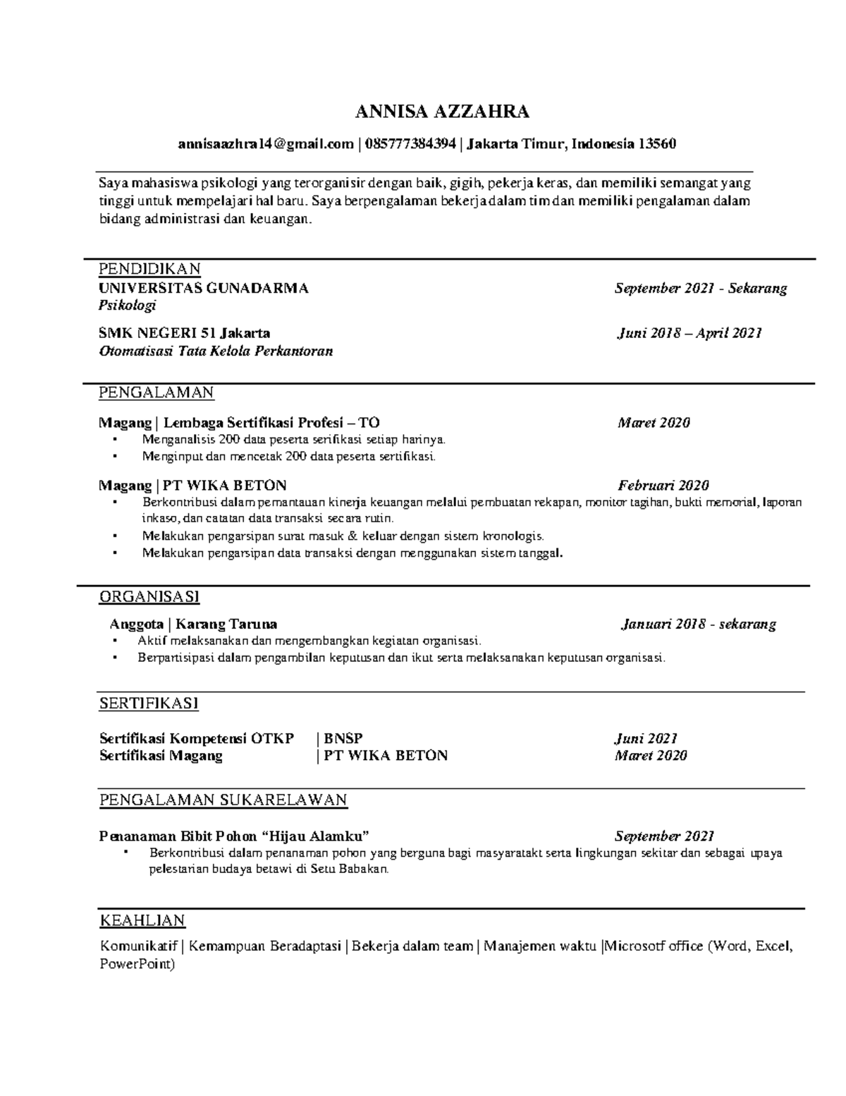 CV Annisa Azzahra YANG Bener - ANNISA AZZAHRA annisaazhra14@gmail | 085777384394 | Jakarta Timur ...