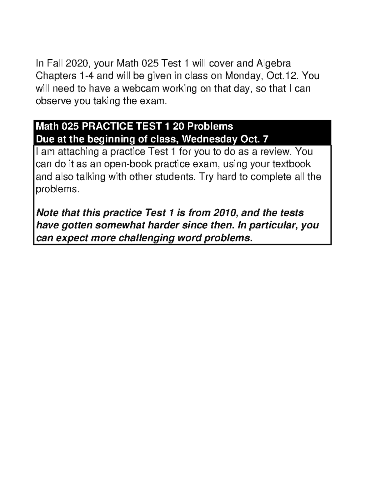 2020 Spring 025 Practice TEST 1 (FALL 2010 ) Blank -NO Solutions - In ...