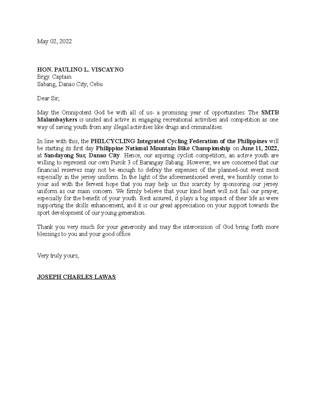 Solicitation Letter - May 02, 2022 HON. PAULINO L. VISCAYNO Brgy ...