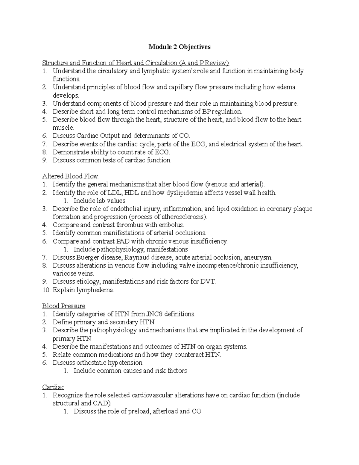 Module 2 Objective 5170 - Module 2 Objectives Structure and Function of Heart and Circulation (A ...