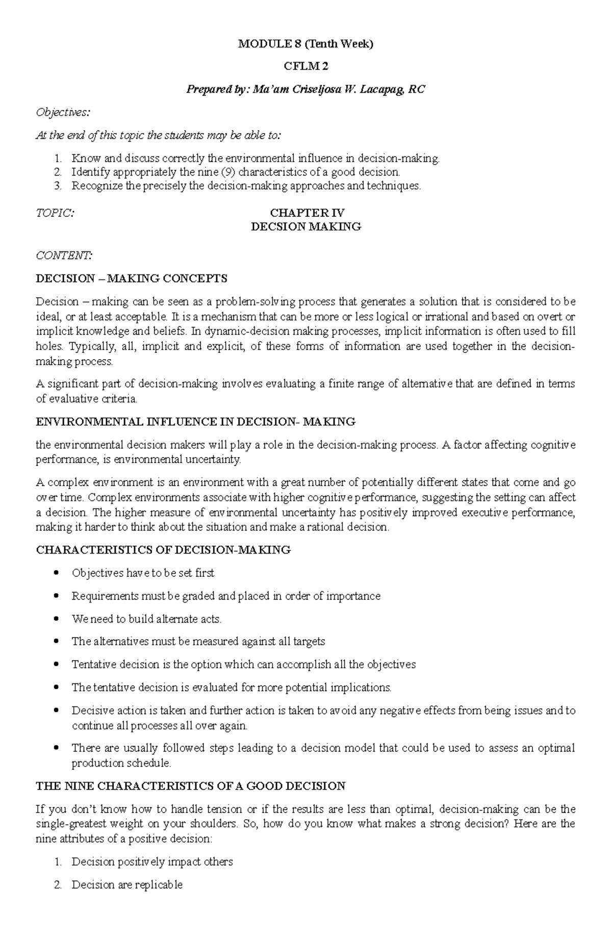 Module-8-cflm2 - my doc - MODULE 8 (Tenth Week) CFLM 2 Prepared by: Ma ...