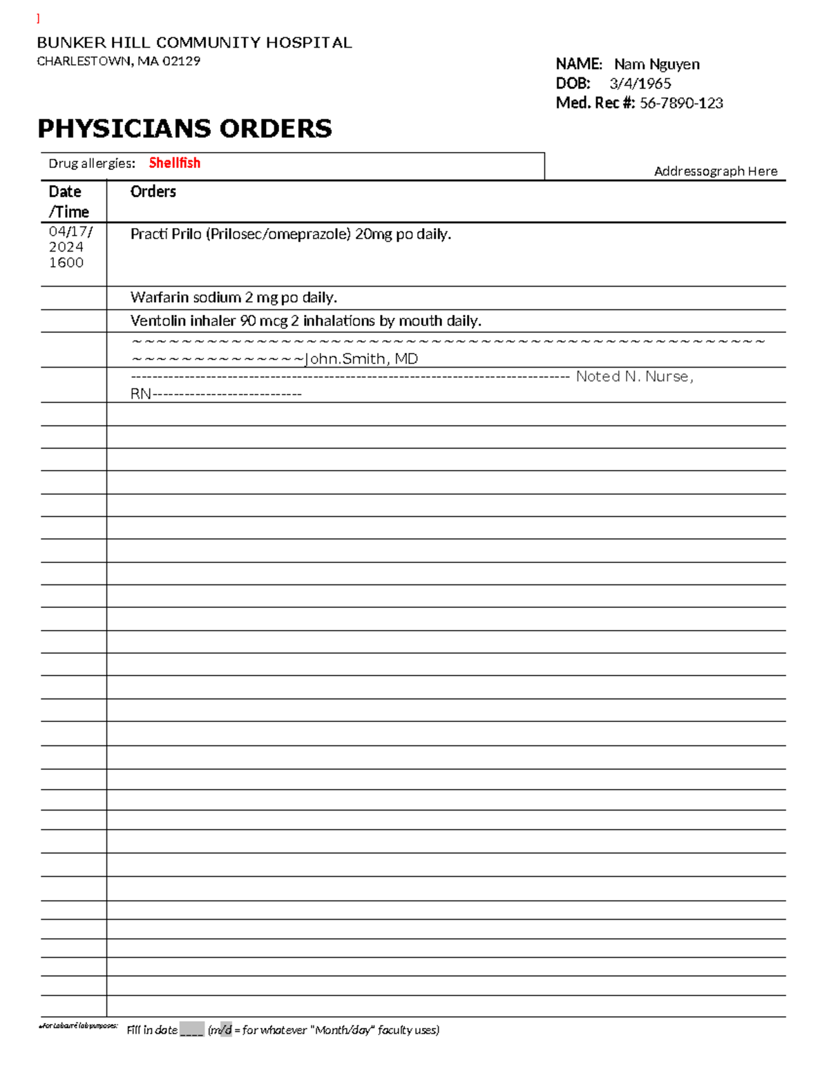 Practice MD orders Nam SP24 - ] BUNKER HILL COMMUNITY HOSPITAL ...