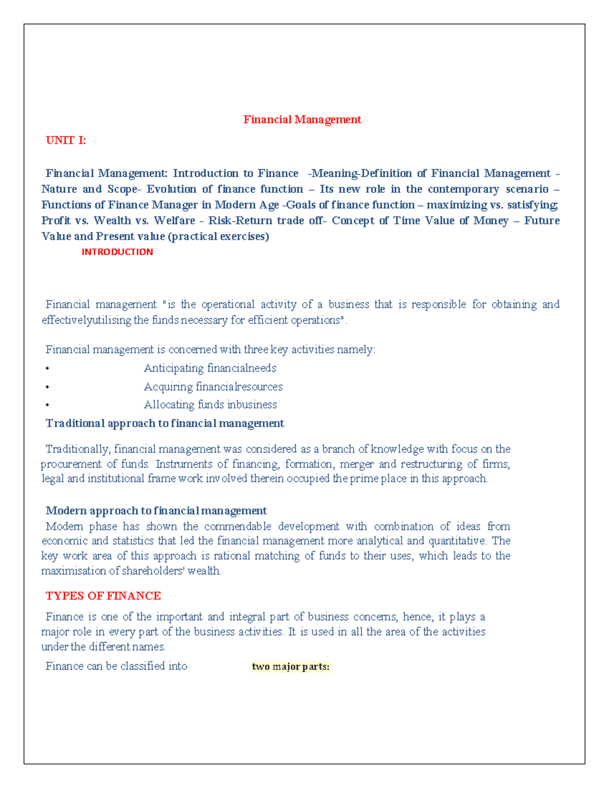 FM SEM II - Financial management notes - Financial Management UNIT I ...