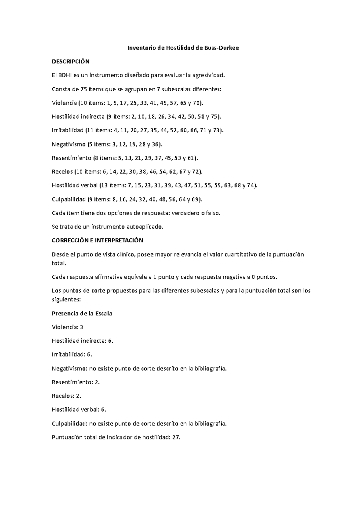 Interpretacion Escala de Hostilidad BDHI - Inventario de Hostilidad de ...