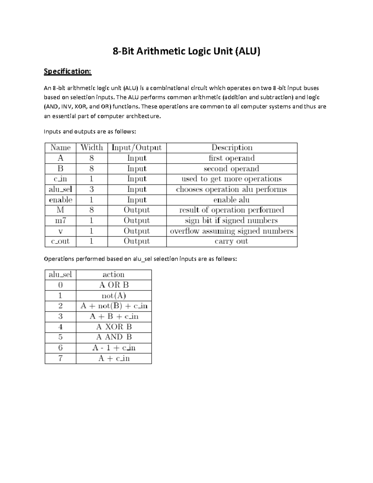 ALU Circuit - 8-Bit Arithmetic Logic Unit (ALU) Specification: An 8-bit ...