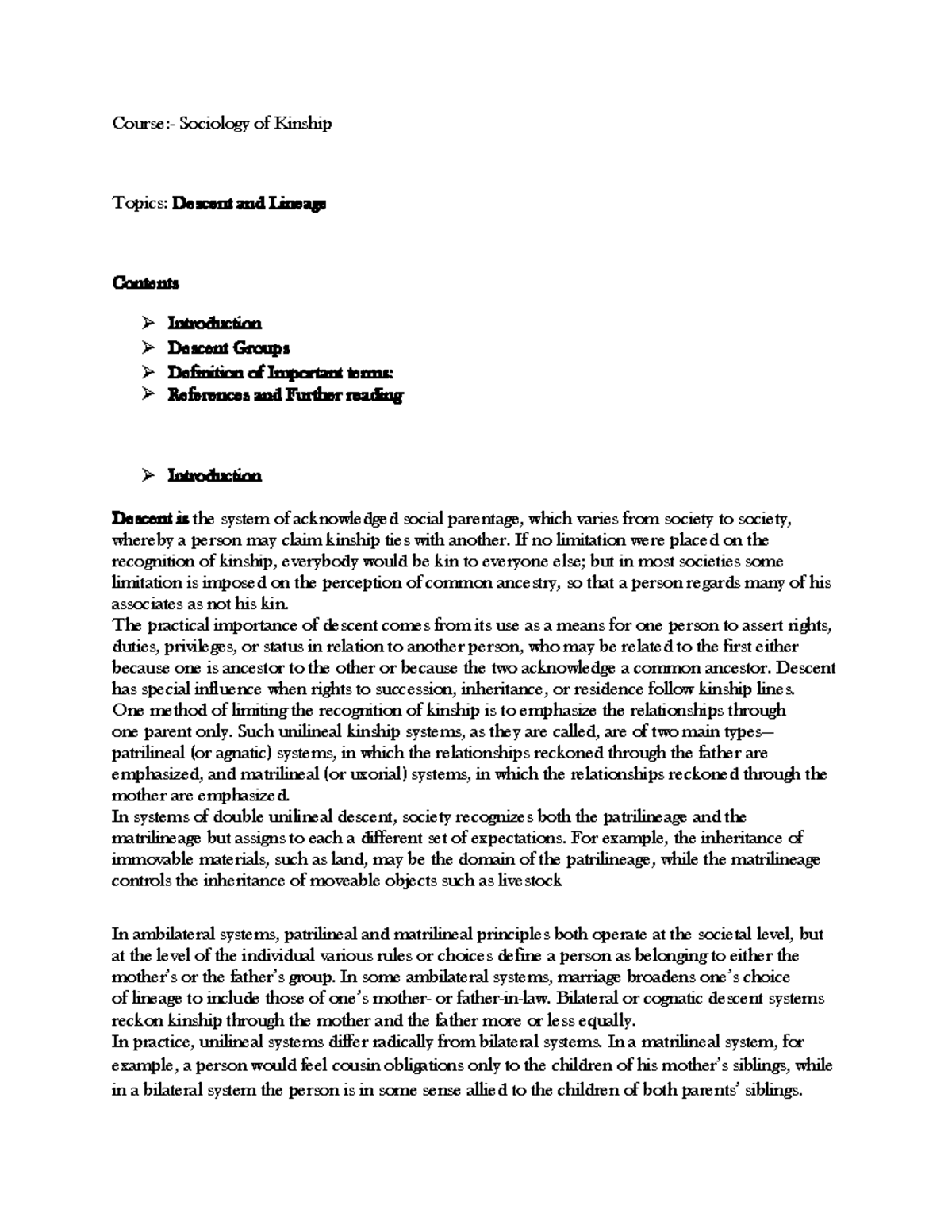 Descent and Lineage - Course:- Sociology of Kinship Topics: Descent and ...