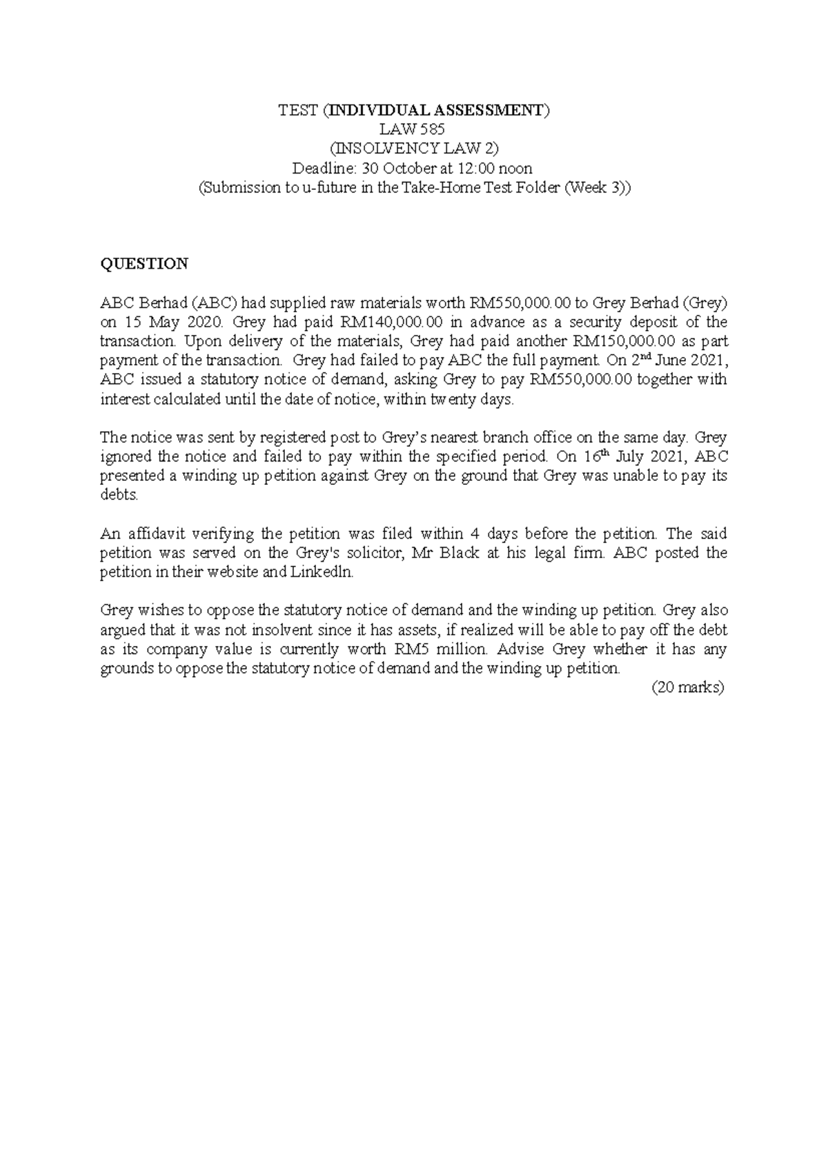 TEST OCT 2021 - good lcuk - TEST ( INDIVIDUAL ASSESSMENT ) LAW 585 ...