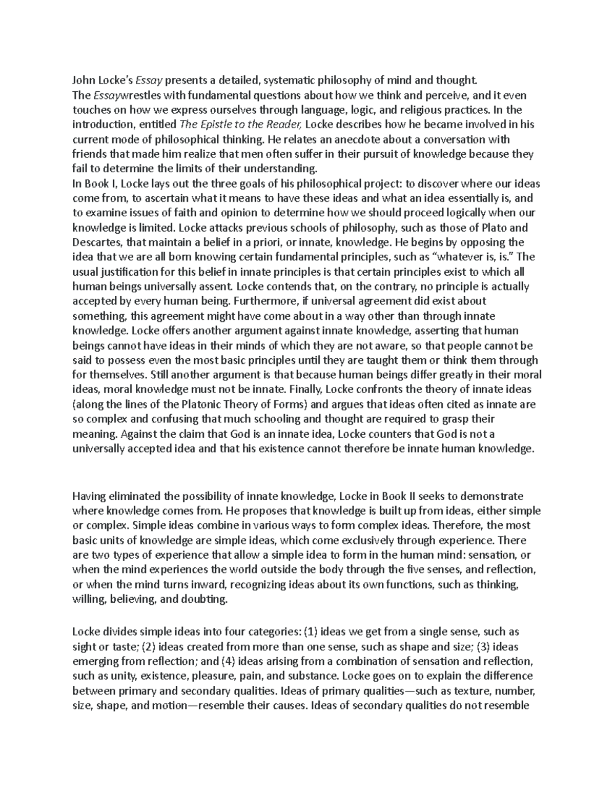 Philosophy 384 - Lecture Notes - John Locke’s Essay presents a detailed ...