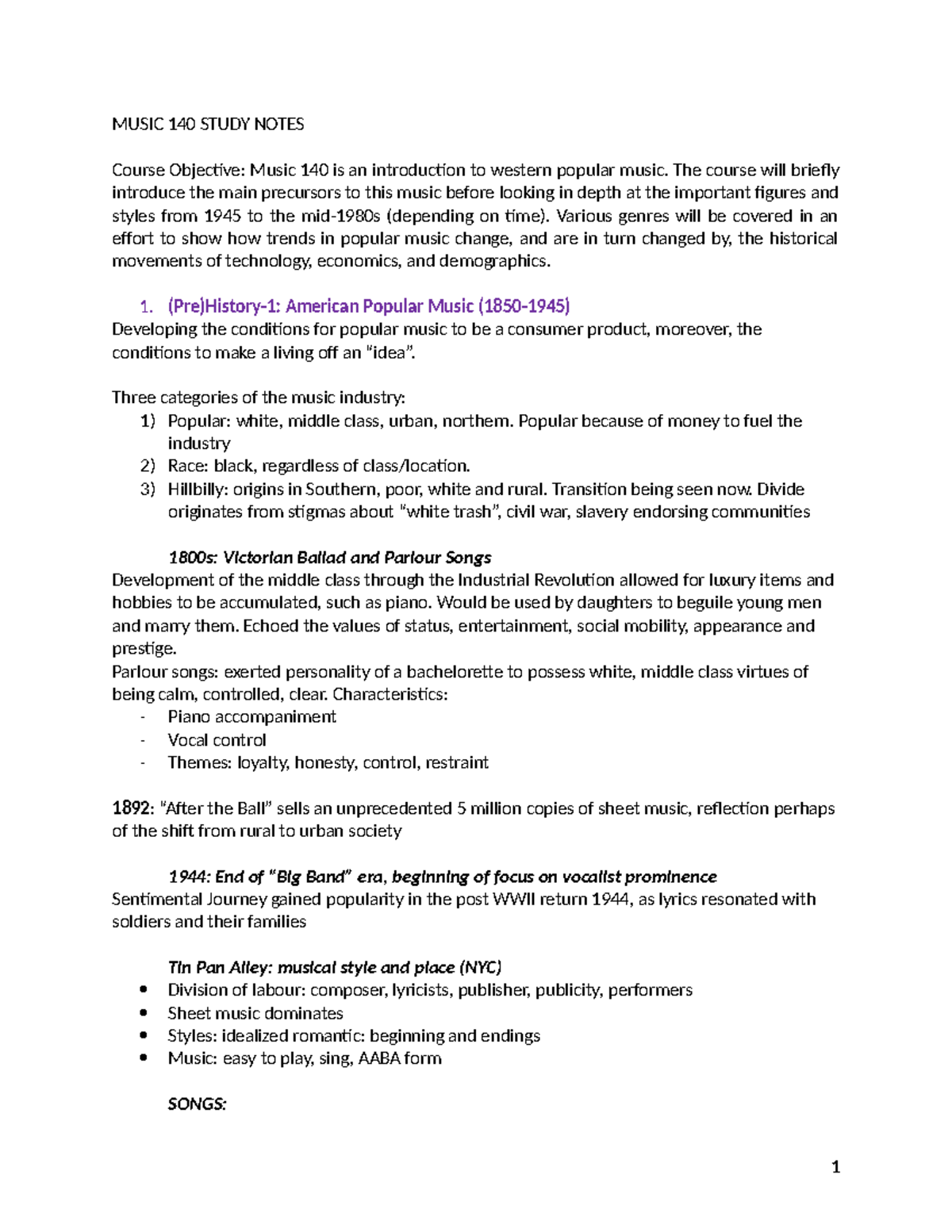 Music 140 Study Notes - MUSIC 140 STUDY NOTES Course Objective: Music ...