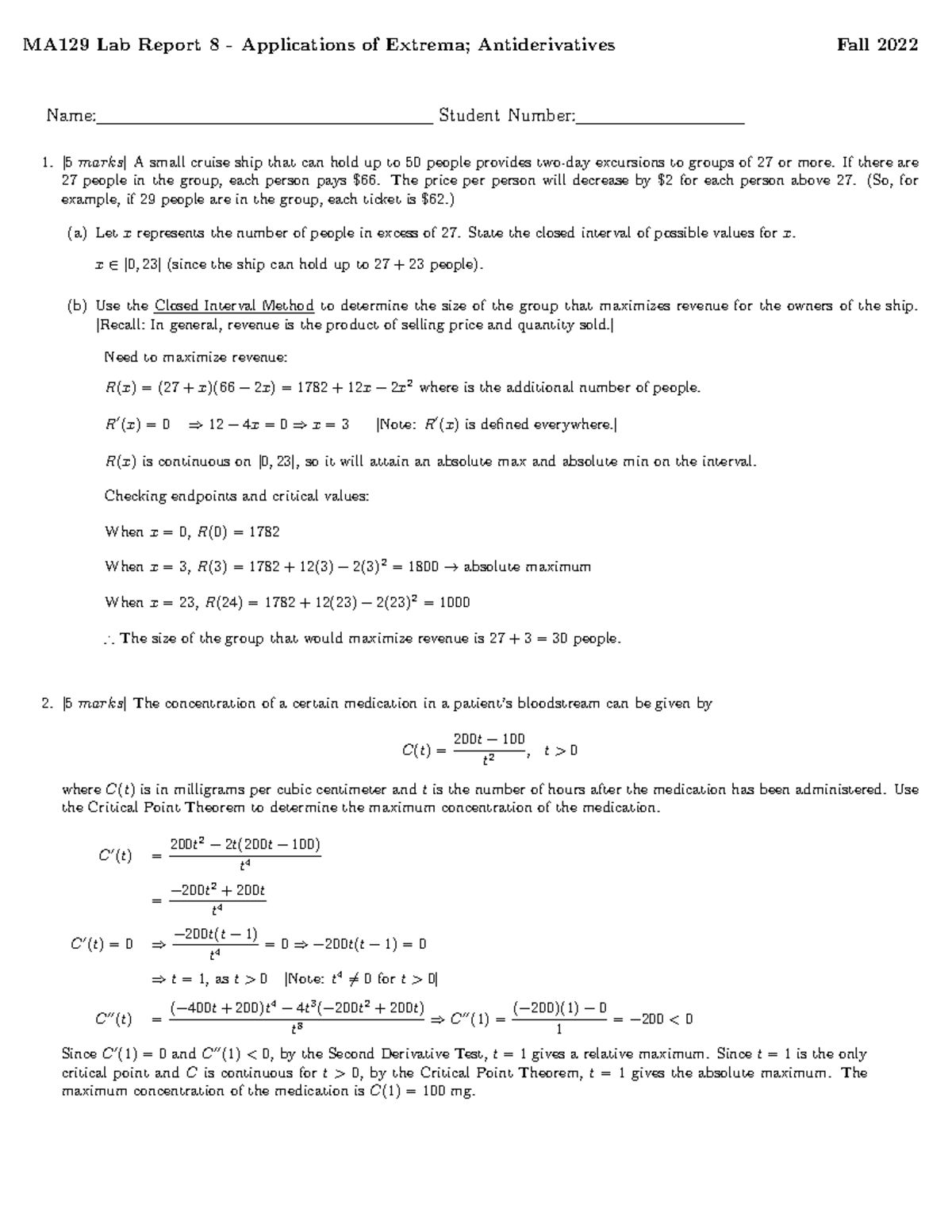 129Lab8 soln - lab answers - MA129 Lab Report 8 - Applications of Extrema; Antiderivatives Fall ...