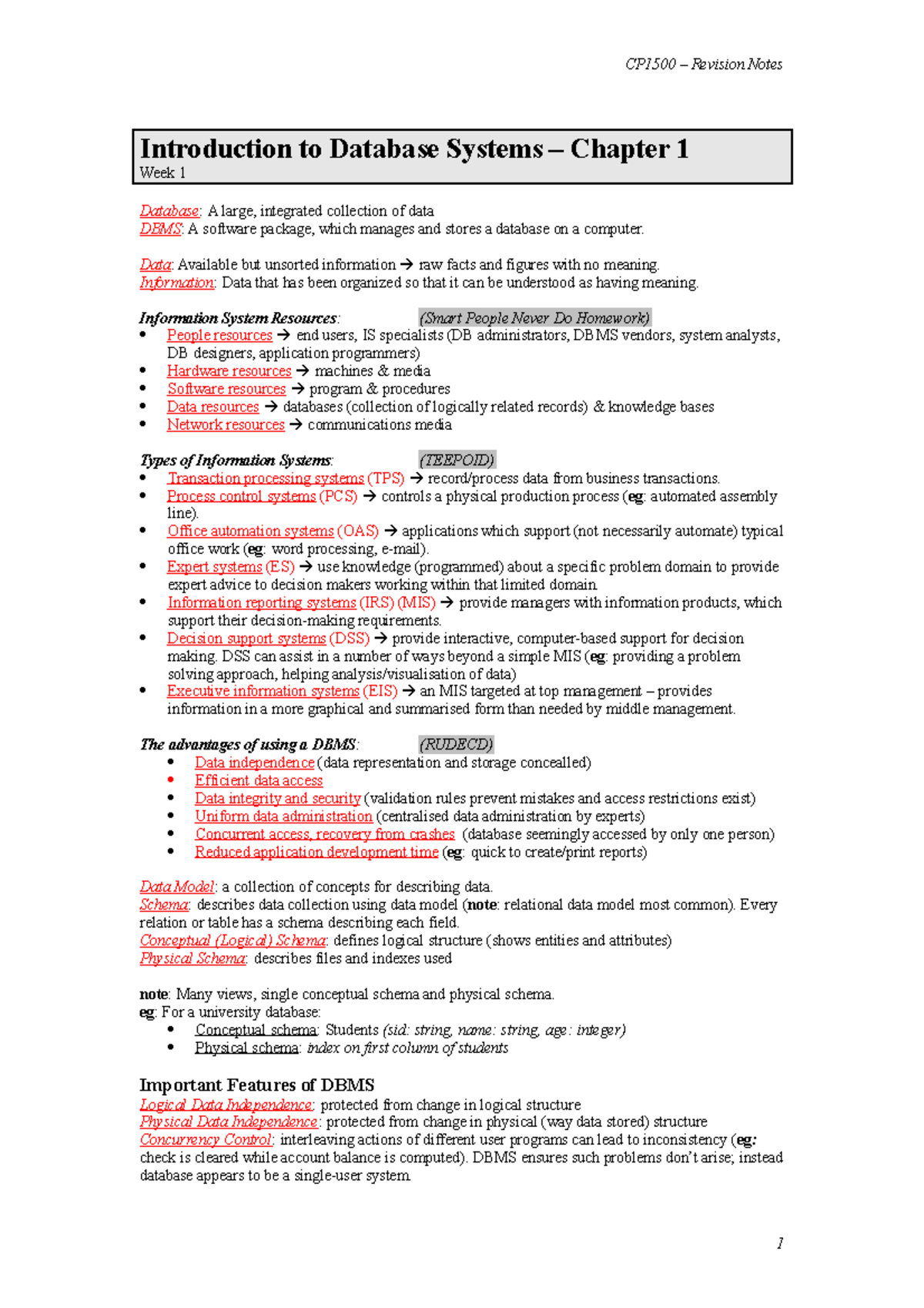 Itro to dbase summary n revison notes - Introduction to Database ...