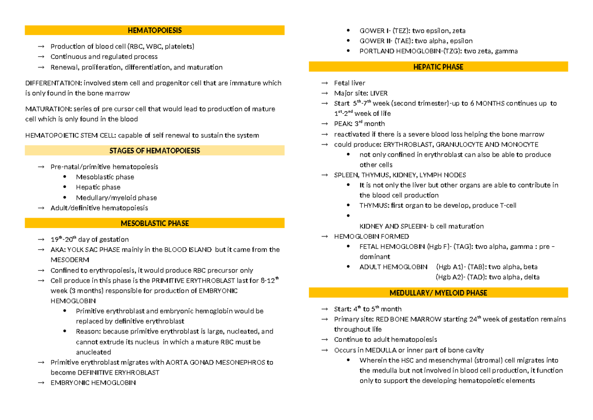 HEMA Finals Reviewer - HEMATOPOIESIS Production of blood cell (RBC, WBC, platelets) Continuous ...