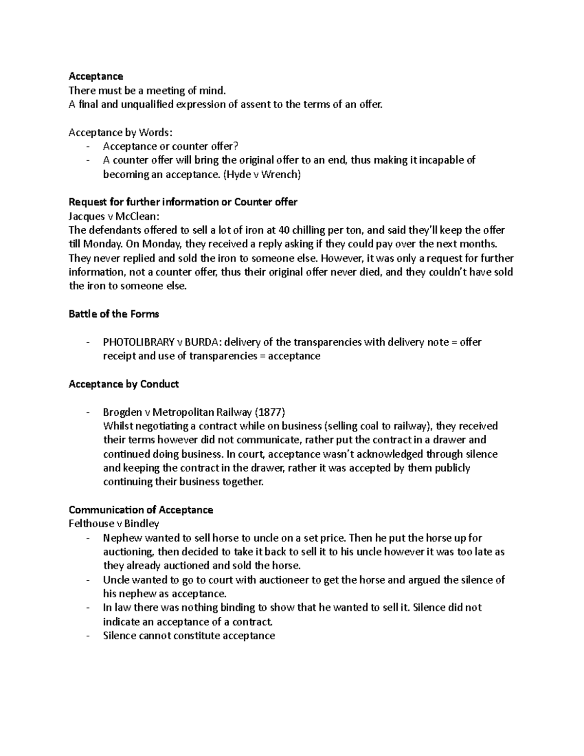 Acceptance and Postal Rule - Acceptance There must be a meeing of mind ...