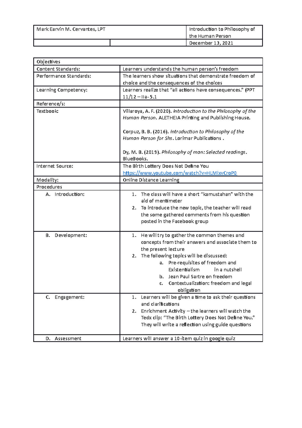 Sample lesson plan - Document - Mark Earvin M. Cervantes, LPT ...