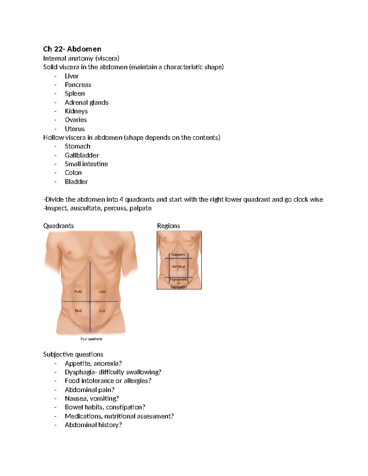 NUR 202- Exam 2 - Summary Health Assessment - Ch 22- Abdomen Internal ...