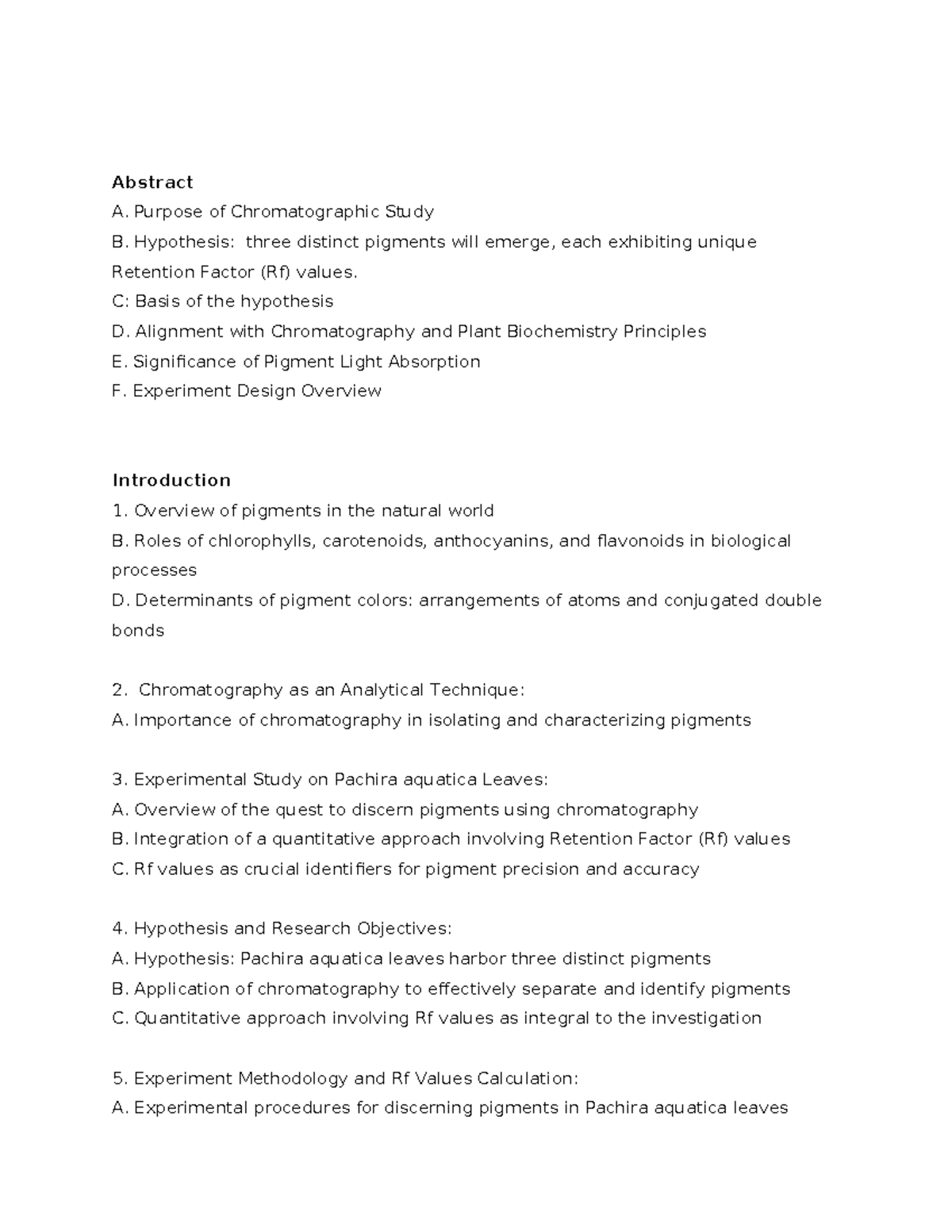 Outline - chemistry - Abstract A. Purpose of Chromatographic Study B ...