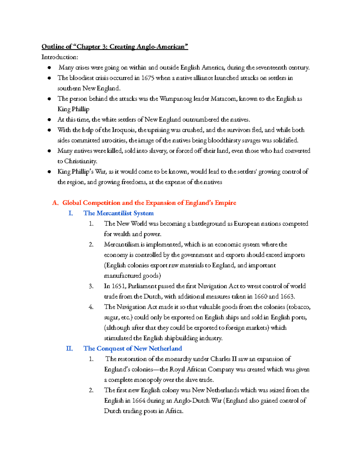 Chapter 3 Outline - Outline of “Chapter 3: Creating Anglo-American ...
