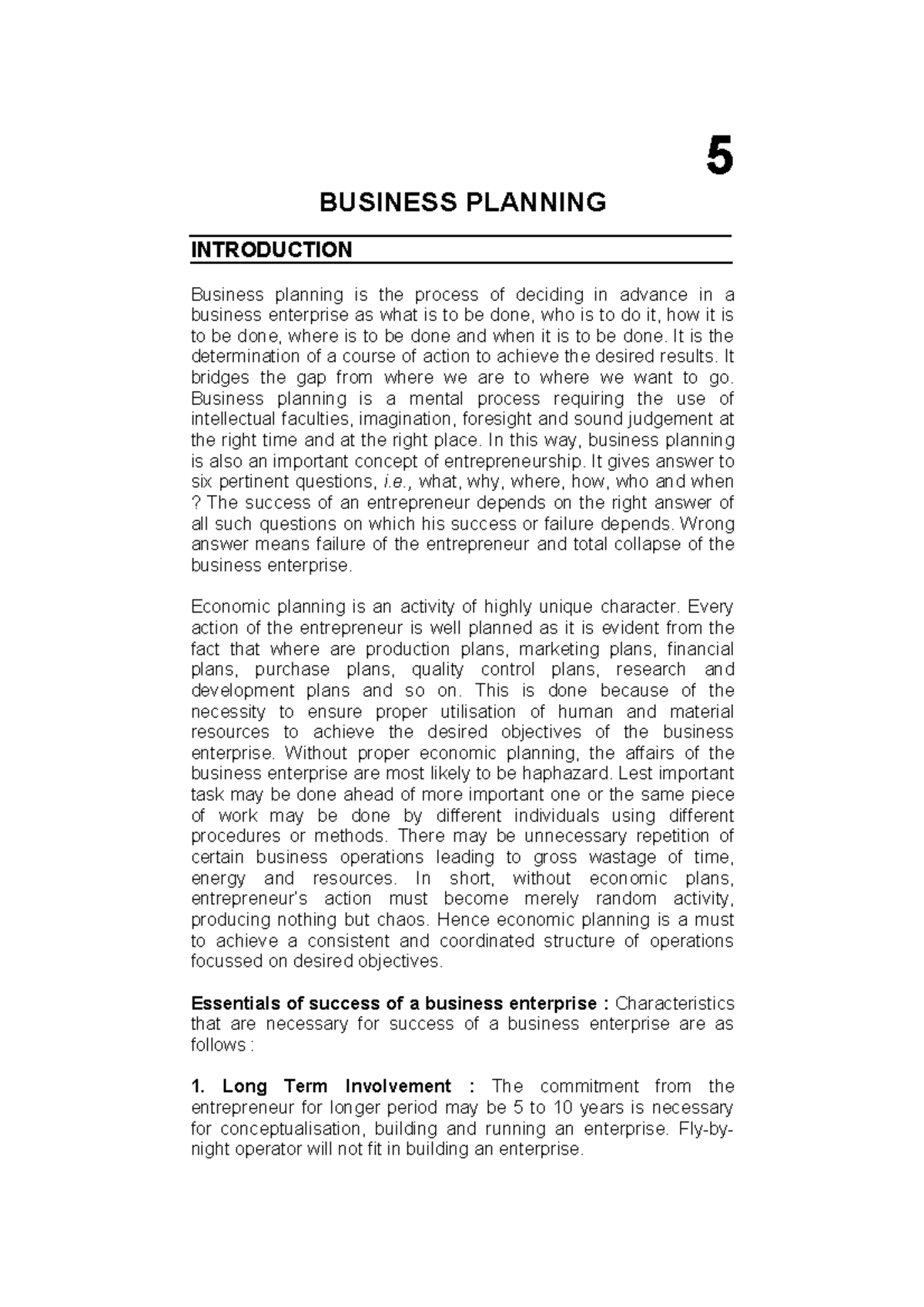 Entrepreneurship-Management chapter 5 - BUSINESS PLANNING INTRODUCTION ...