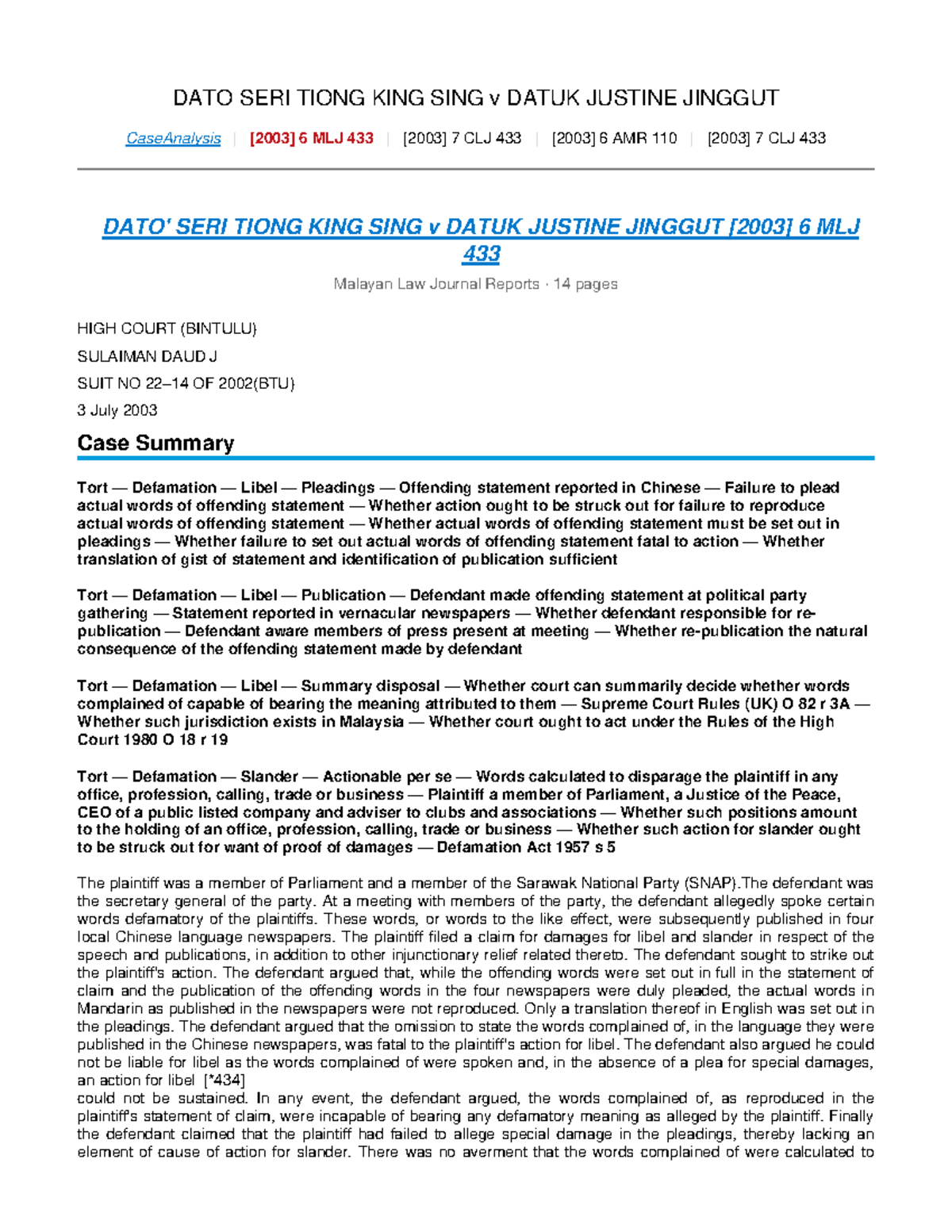 DATO' SERI Tiong KING SING v Datuk Justine Jinggut, [ - DATO SERI TIONG ...