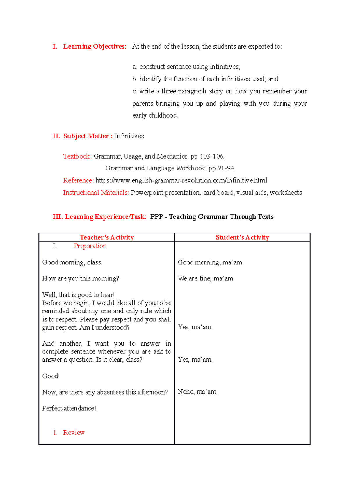 Infinitives - Lesson Plan - I. Learning Objectives: At the end of the ...