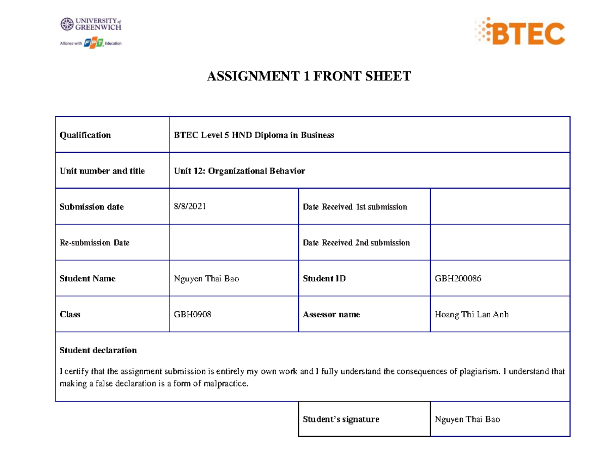 525 GBH200086 Final 1 - ASSIGNMENT 1 FRONT SHEET Qualification BTEC Level 5 HND Diploma in ...