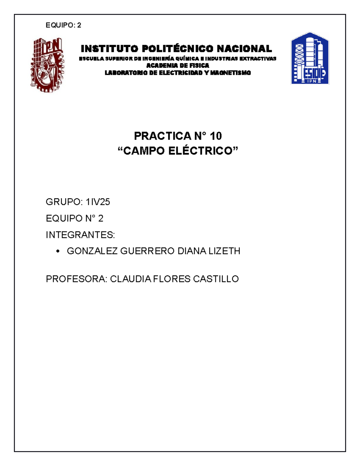 Lab Ey M 10 - Practica de laboratorio de electricidad y magnetismo - INSTITUTO POLITÉCNICO ...