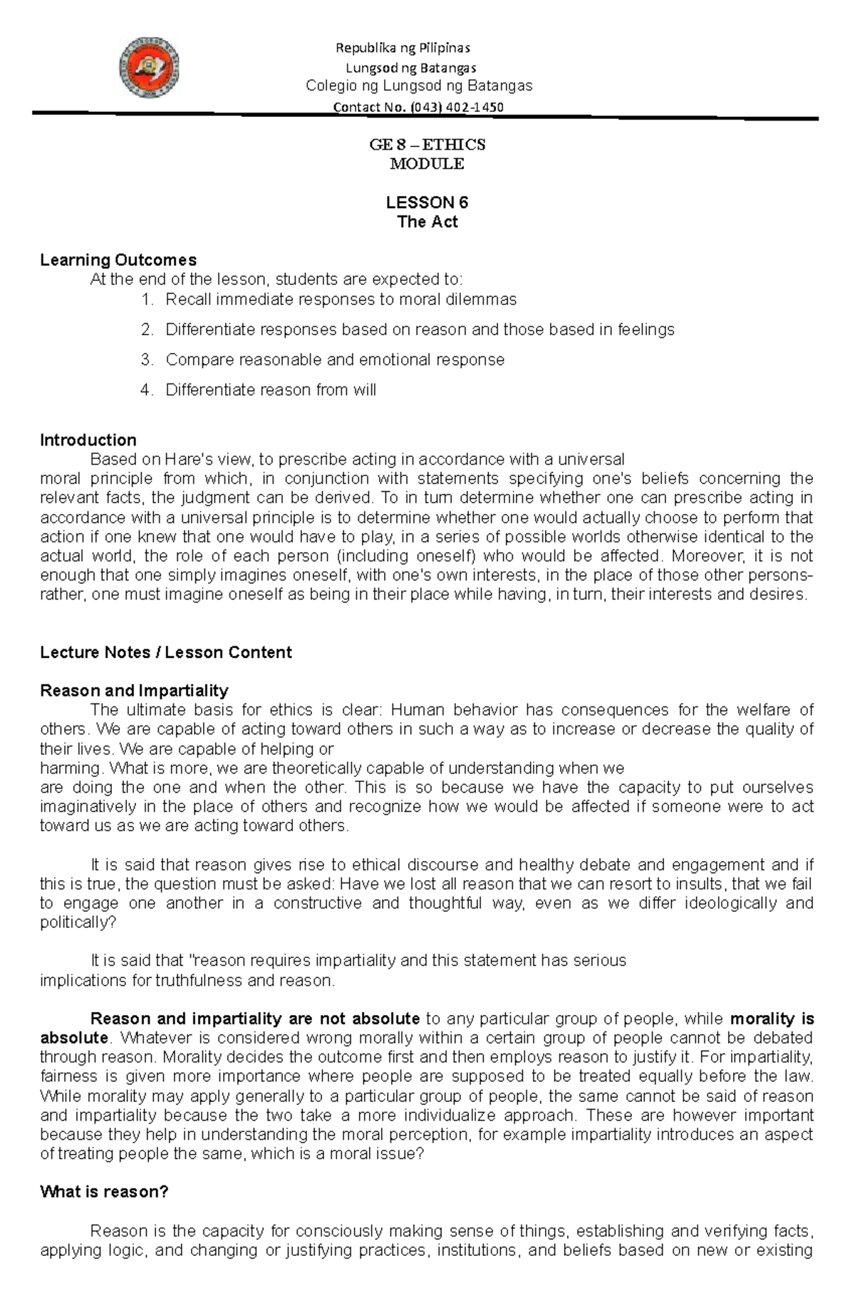 G8 Module week 4 - Based on Hare's view, to prescribe acting in ...