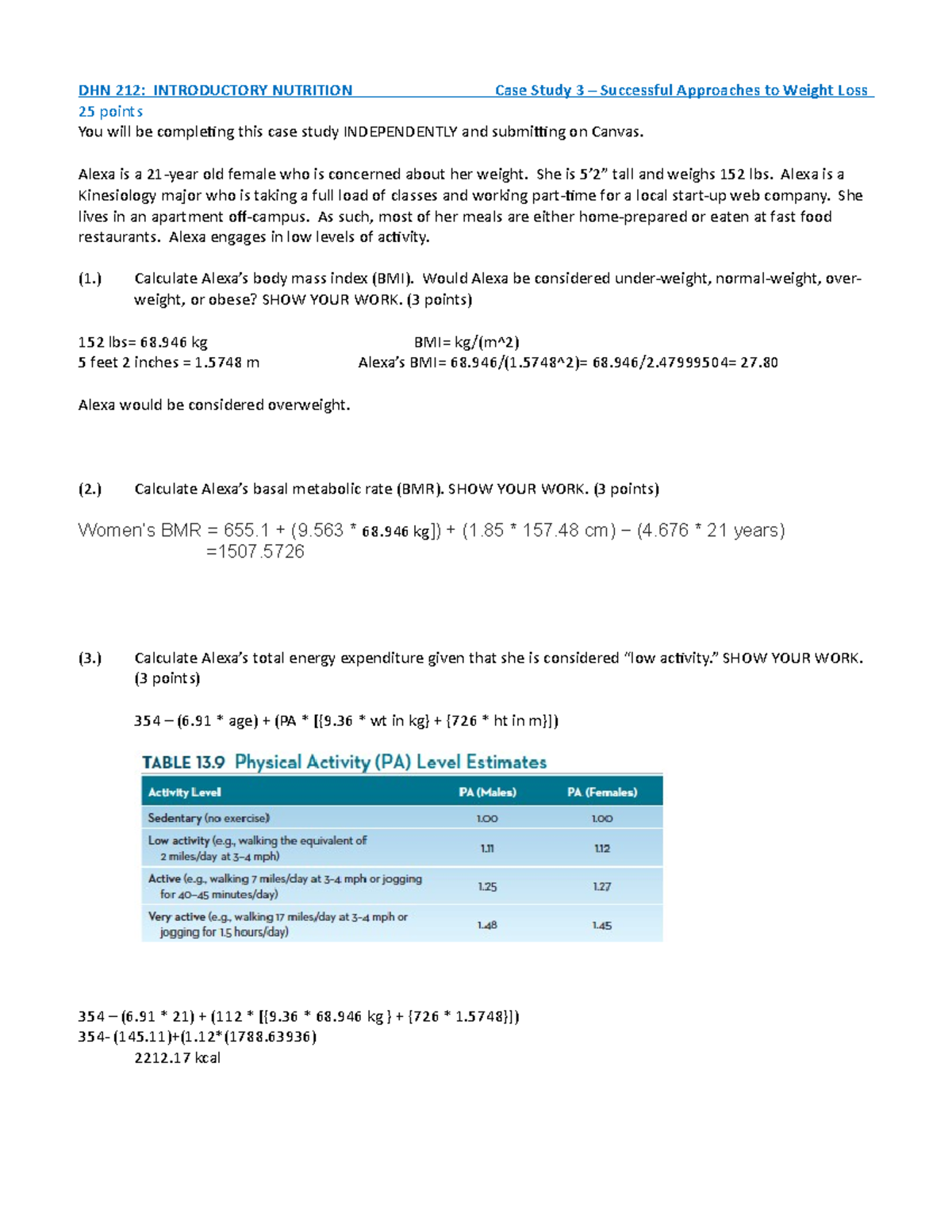 DHN 212 - Case Study #4 - Weight loss - DHN 212: INTRODUCTORY NUTRITION ...