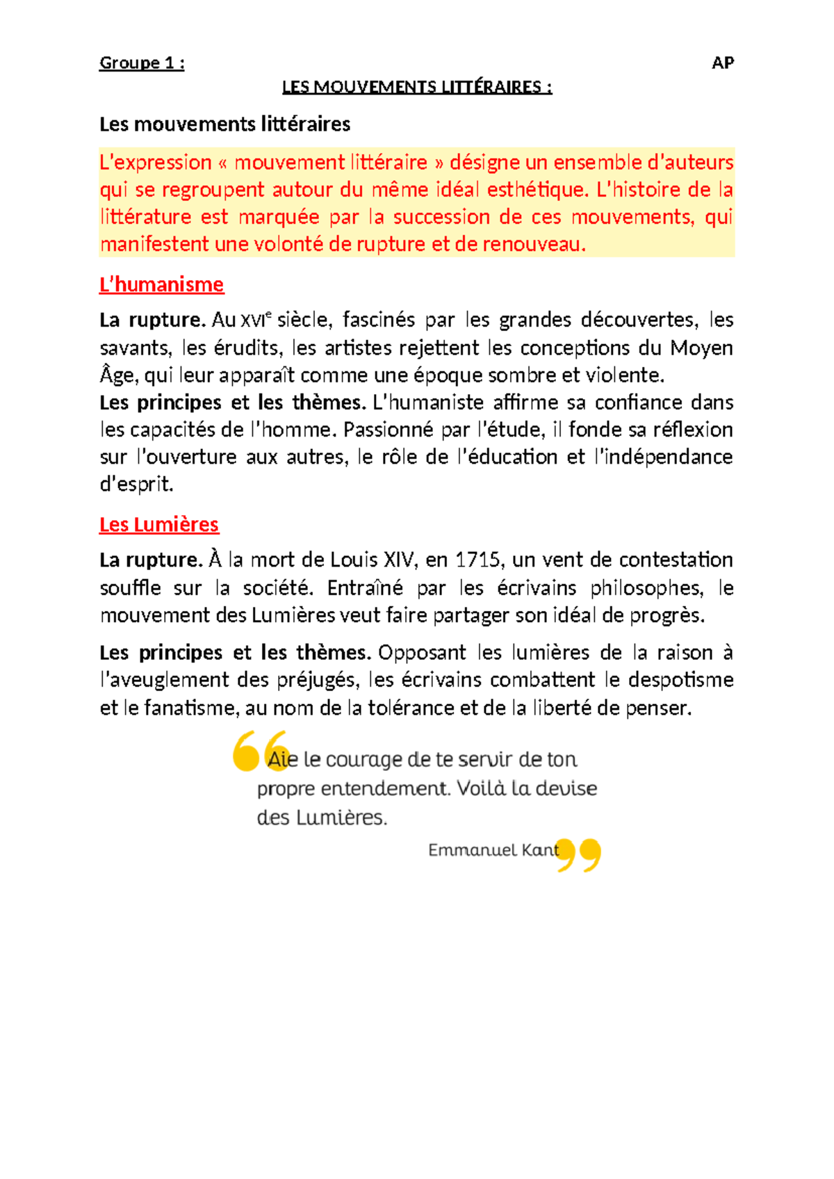 LES_MOUVEMENTS_LITTÉRAIRE_2nd_COURS - Groupe 1 : AP LES MOUVEMENTS ...