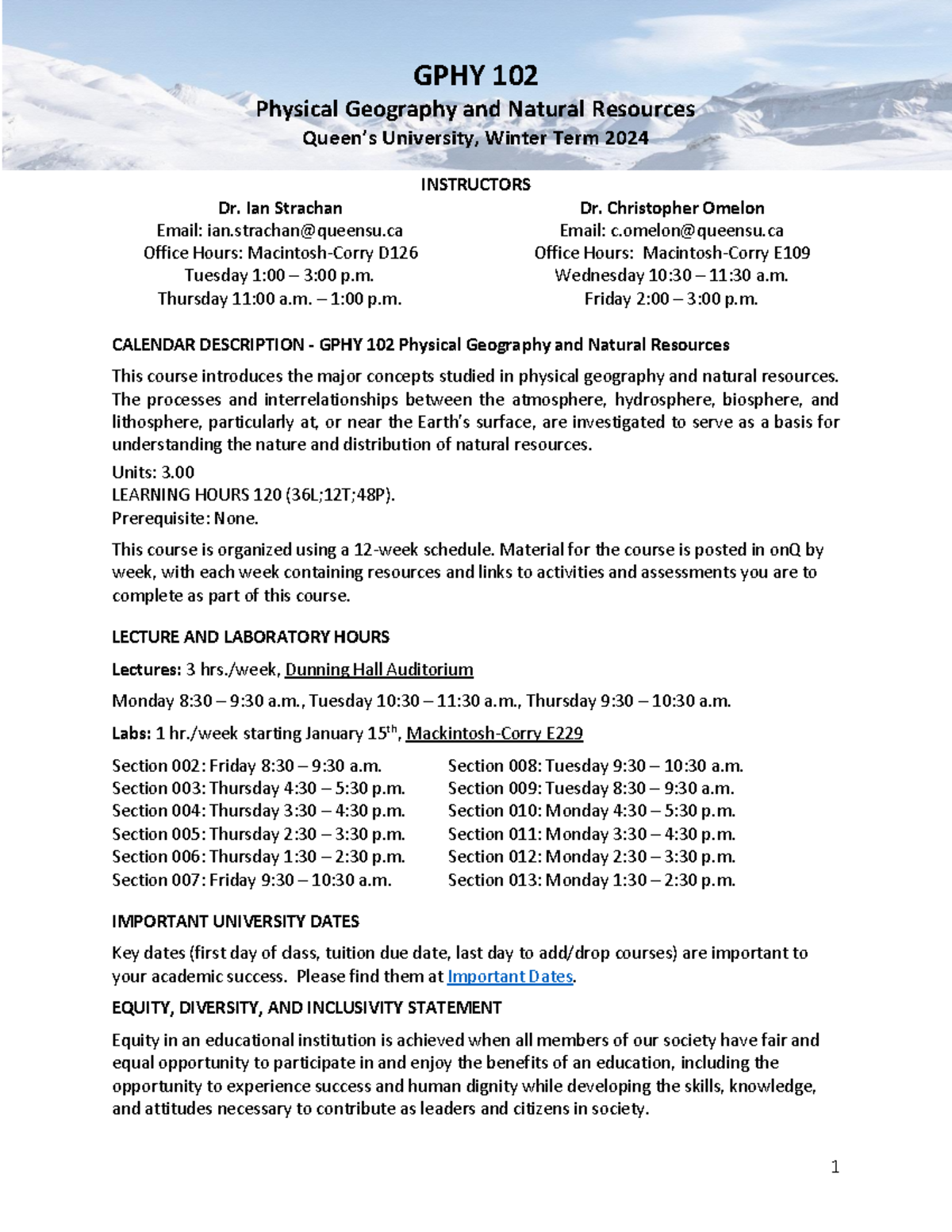 Syllabus GPHY102 Winter 2024 v2 - GPHY 102 Physical Geography and Natural Resources Queen’s ...