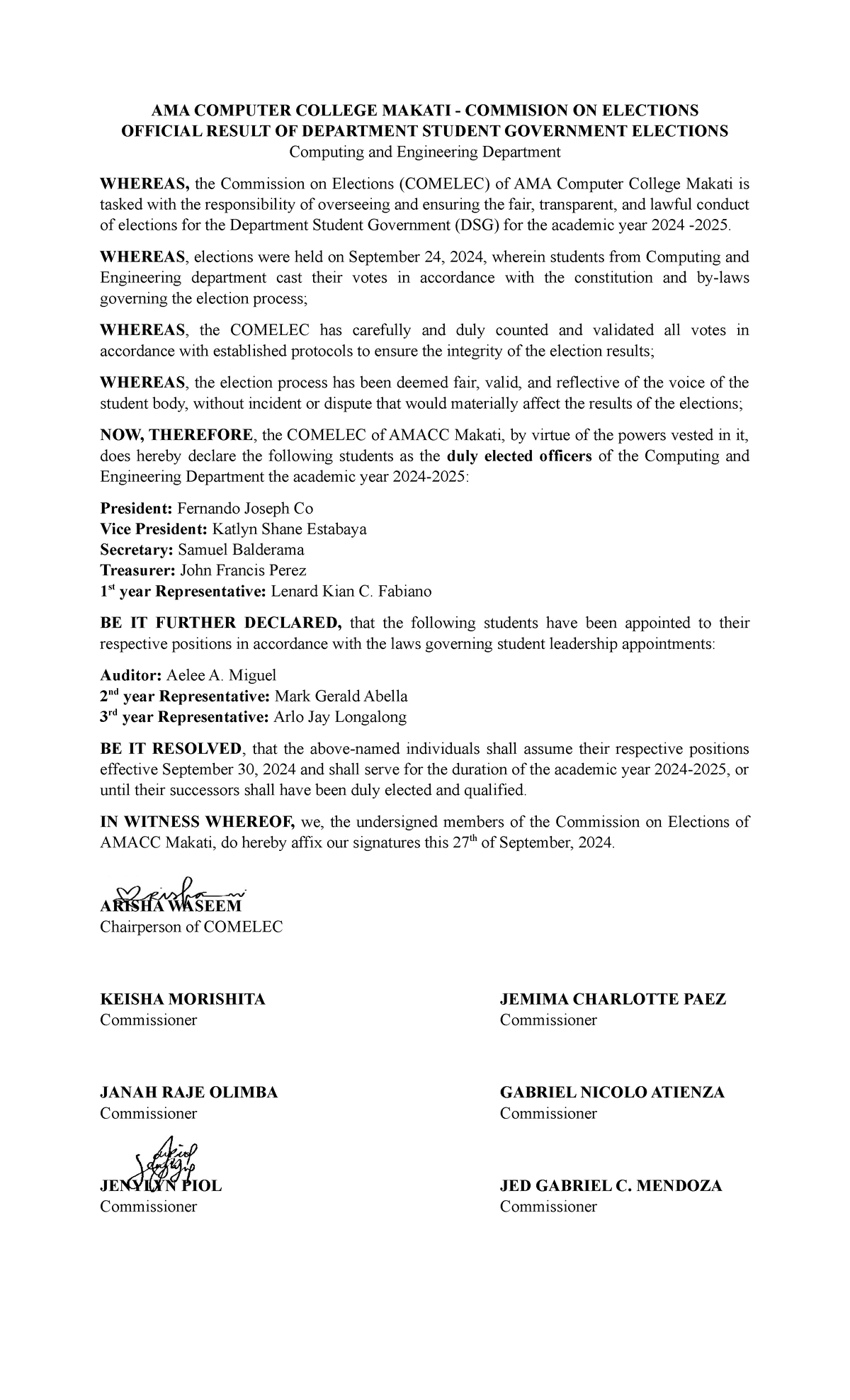 Declaration-Elections - OFFICIAL RESULT OF DEPARTMENT STUDENT ...