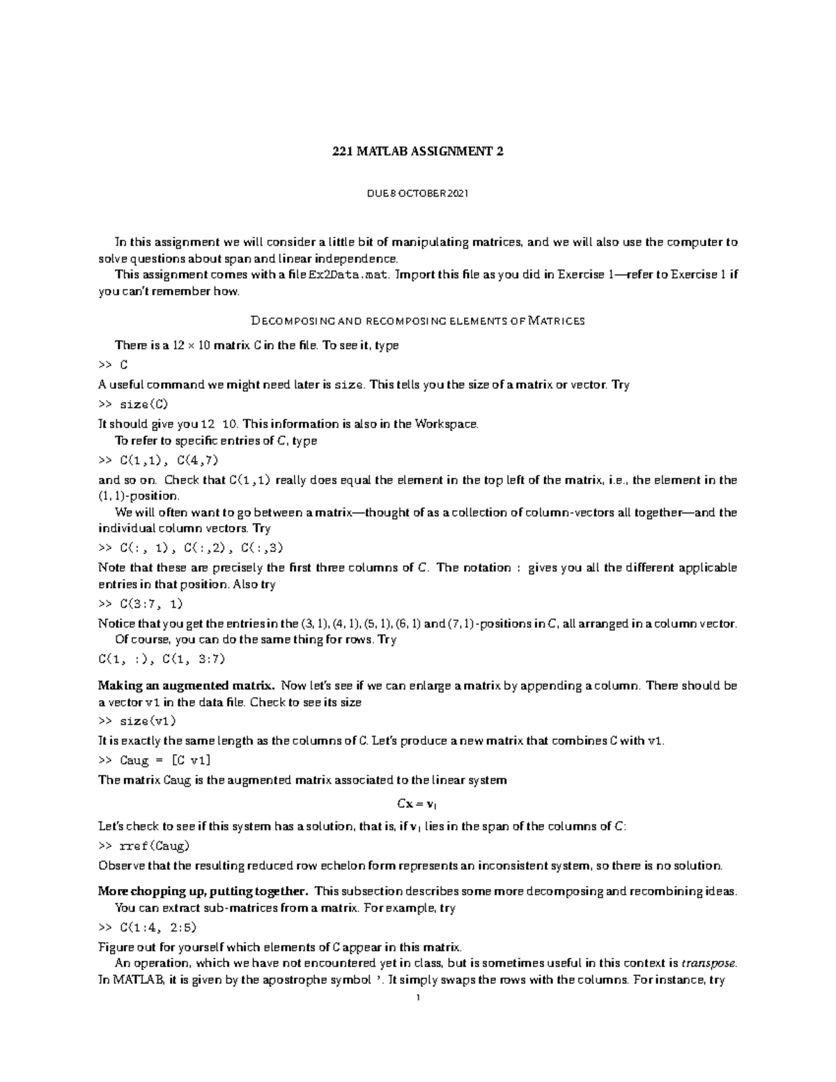 221 Matlabassignment 2 - 221 MATLAB ASSIGNMENT 2 DUE 8 OCTOBER 2021 In this assignment we will ...