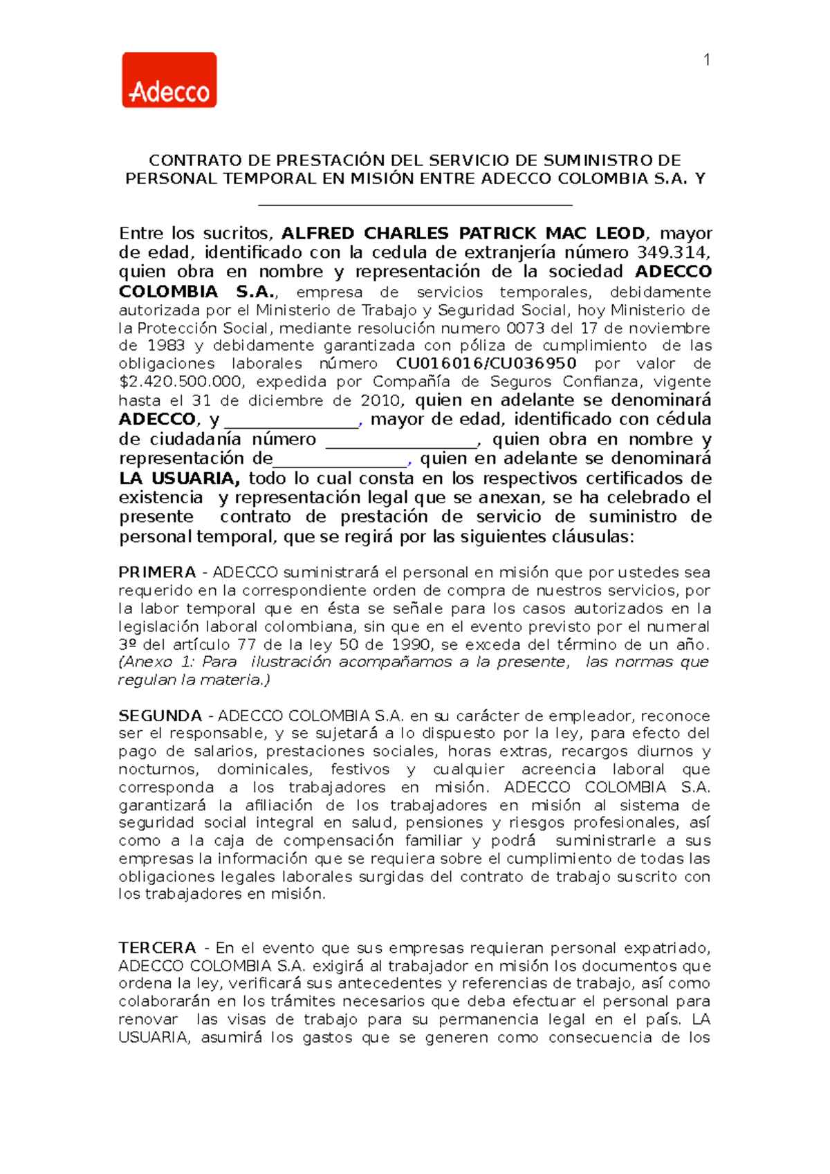 Modelo Contrato Adecco Colombia S.A - CONTRATO DE PRESTACIÓN DEL ...