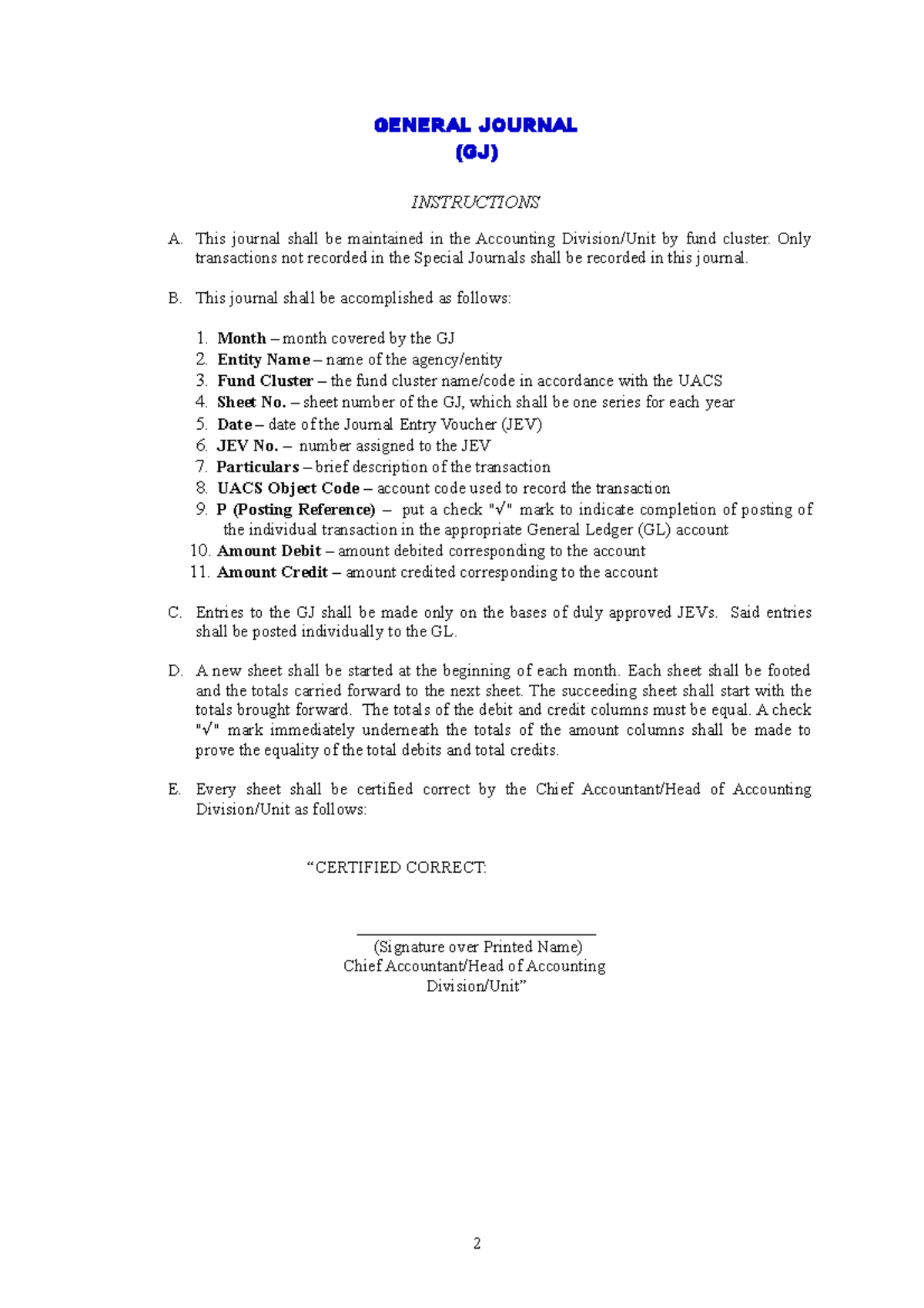 Appendix 1 - Instructions - GJ - GENERAL JOURNAL (GJ) INSTRUCTIONS A ...