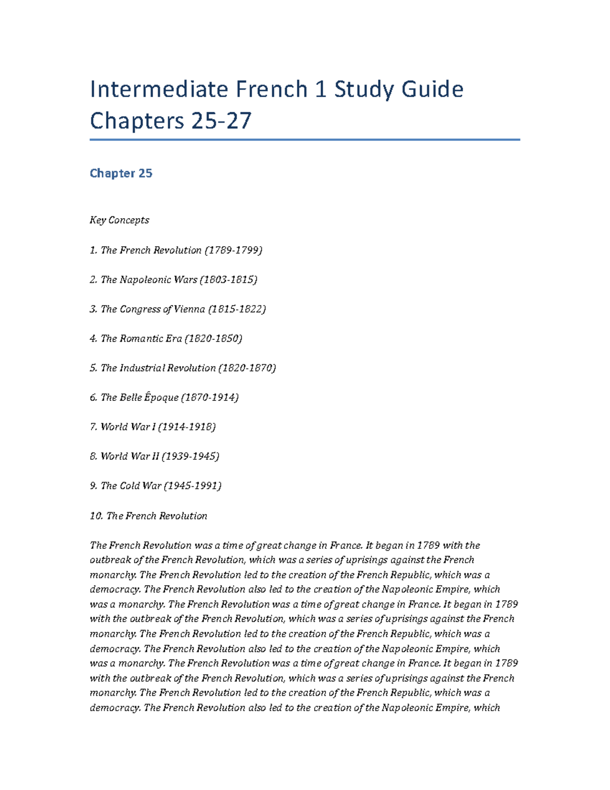 Intermediate French 1 Study Guide Chapters 25-27 - Intermediate French ...