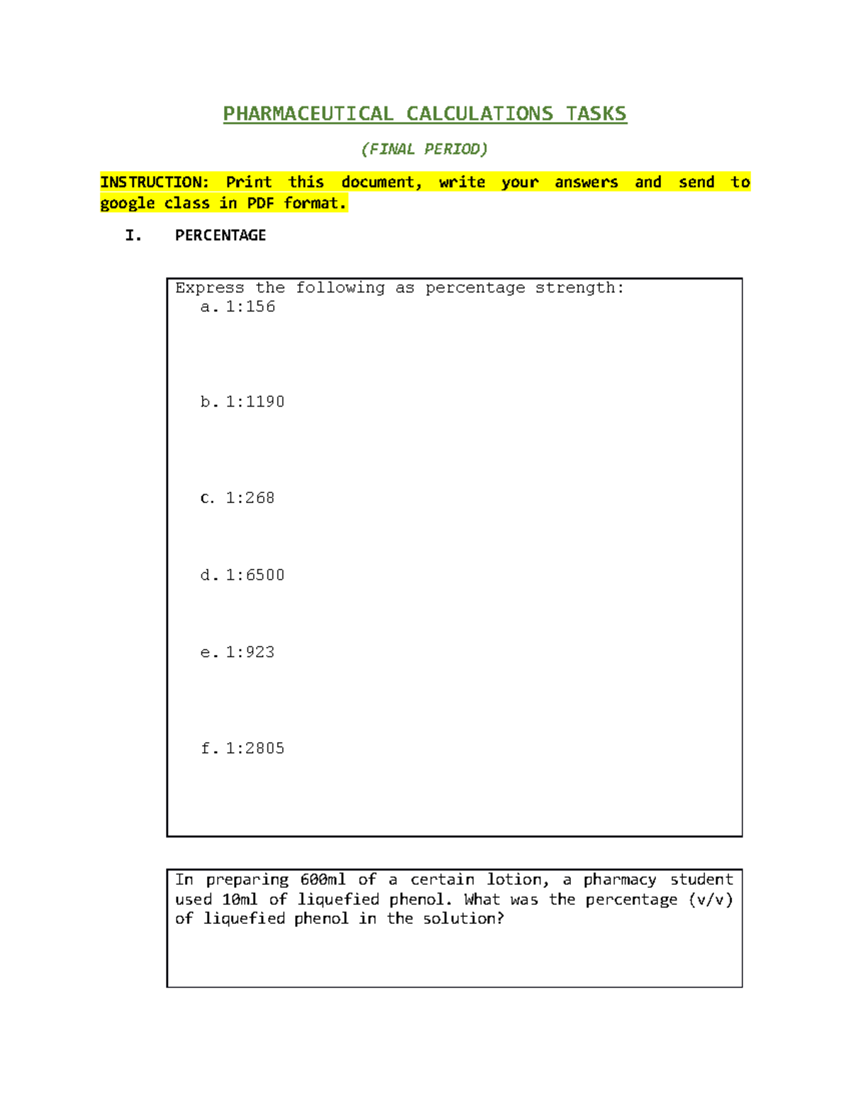 Pharmaceutical- Calculations- Tasks - PHARMACEUTICAL CALCULATIONS TASKS ...