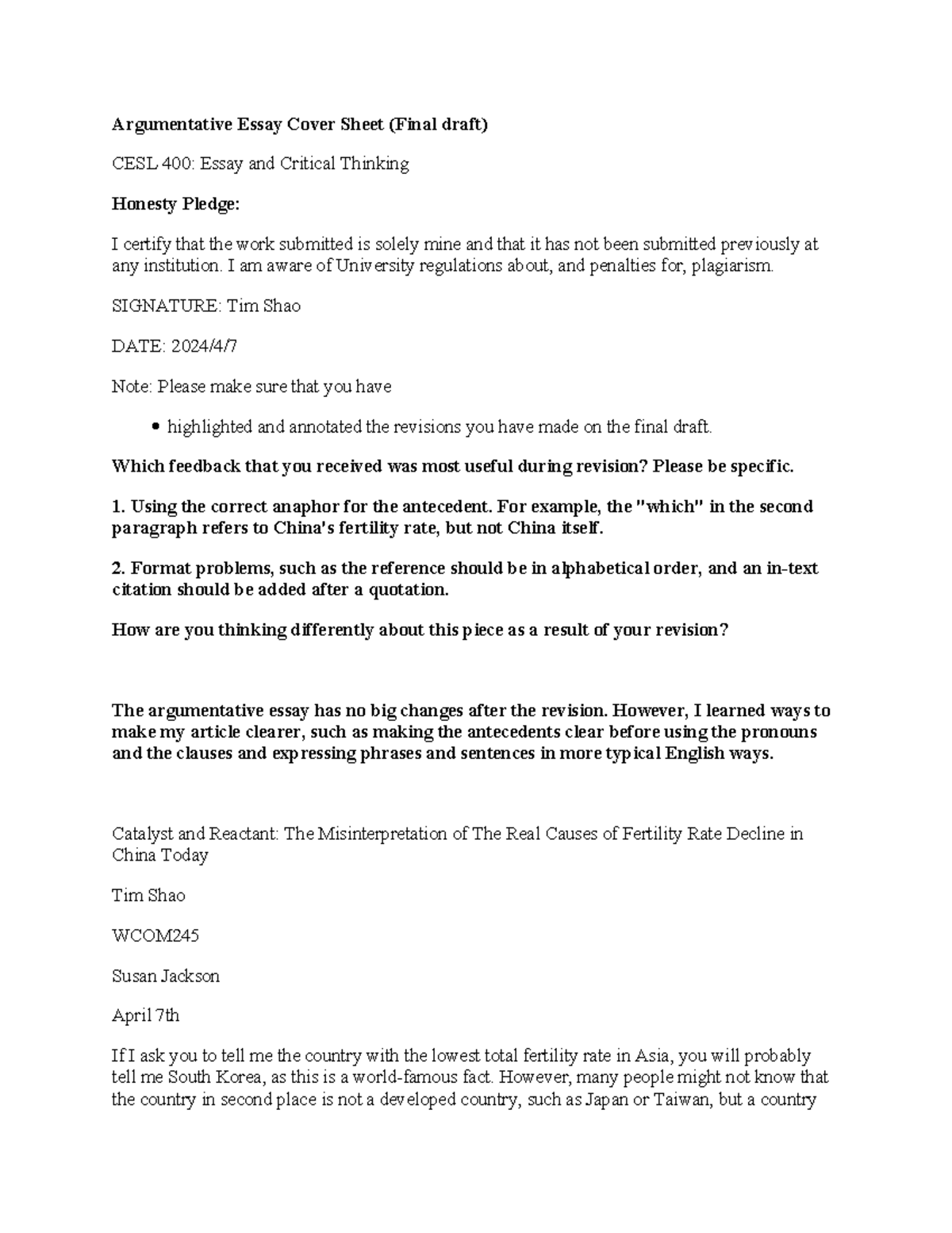 Argumentative Essay Final Draft - Argumentative Essay Cover Sheet ...