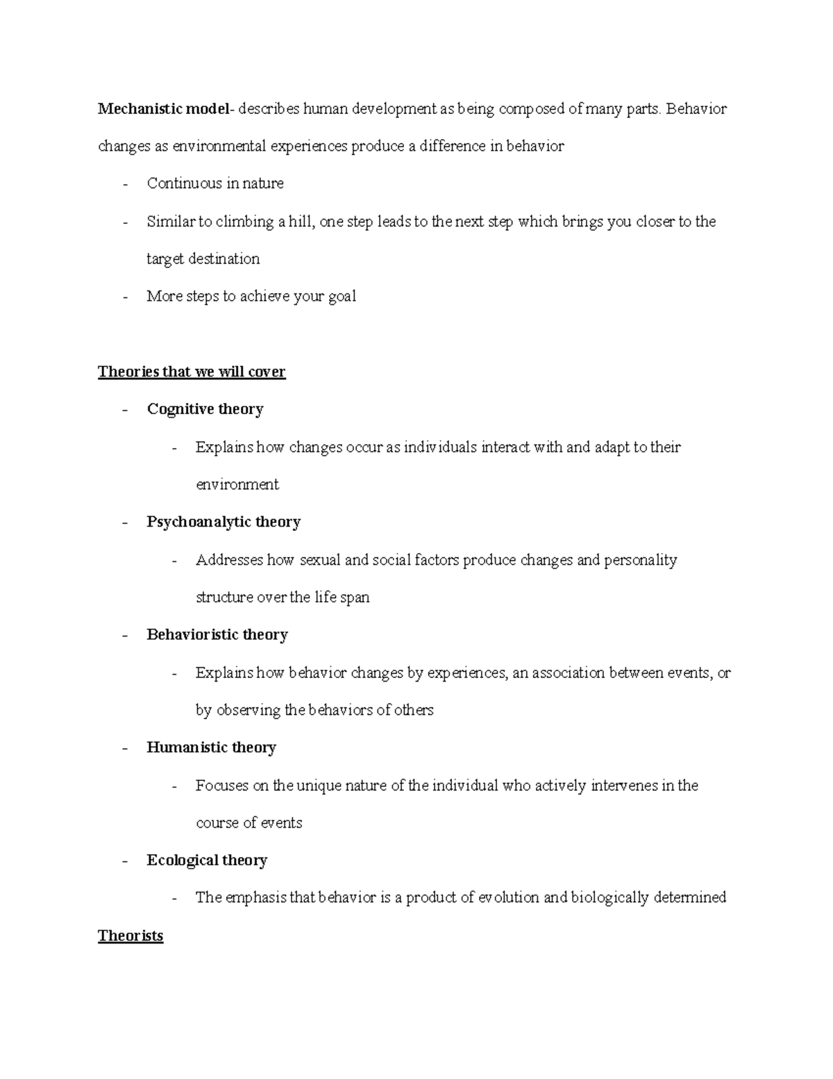 Developmental Psyc Notes 6 - Mechanistic model - describes human ...