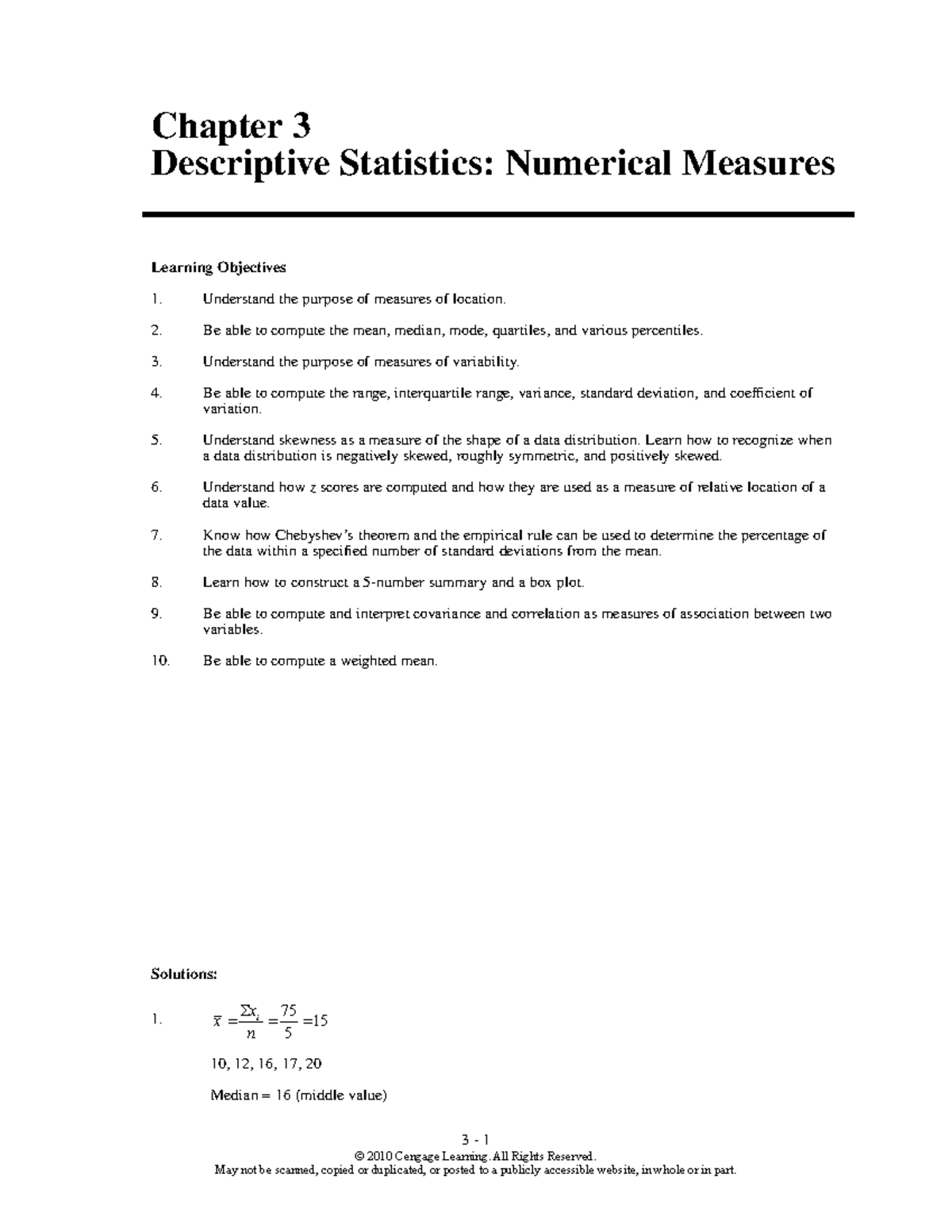 Self - Assessment Chapter 3 - Chapter 3 Descriptive Statistics: Numerical Measures Learning ...