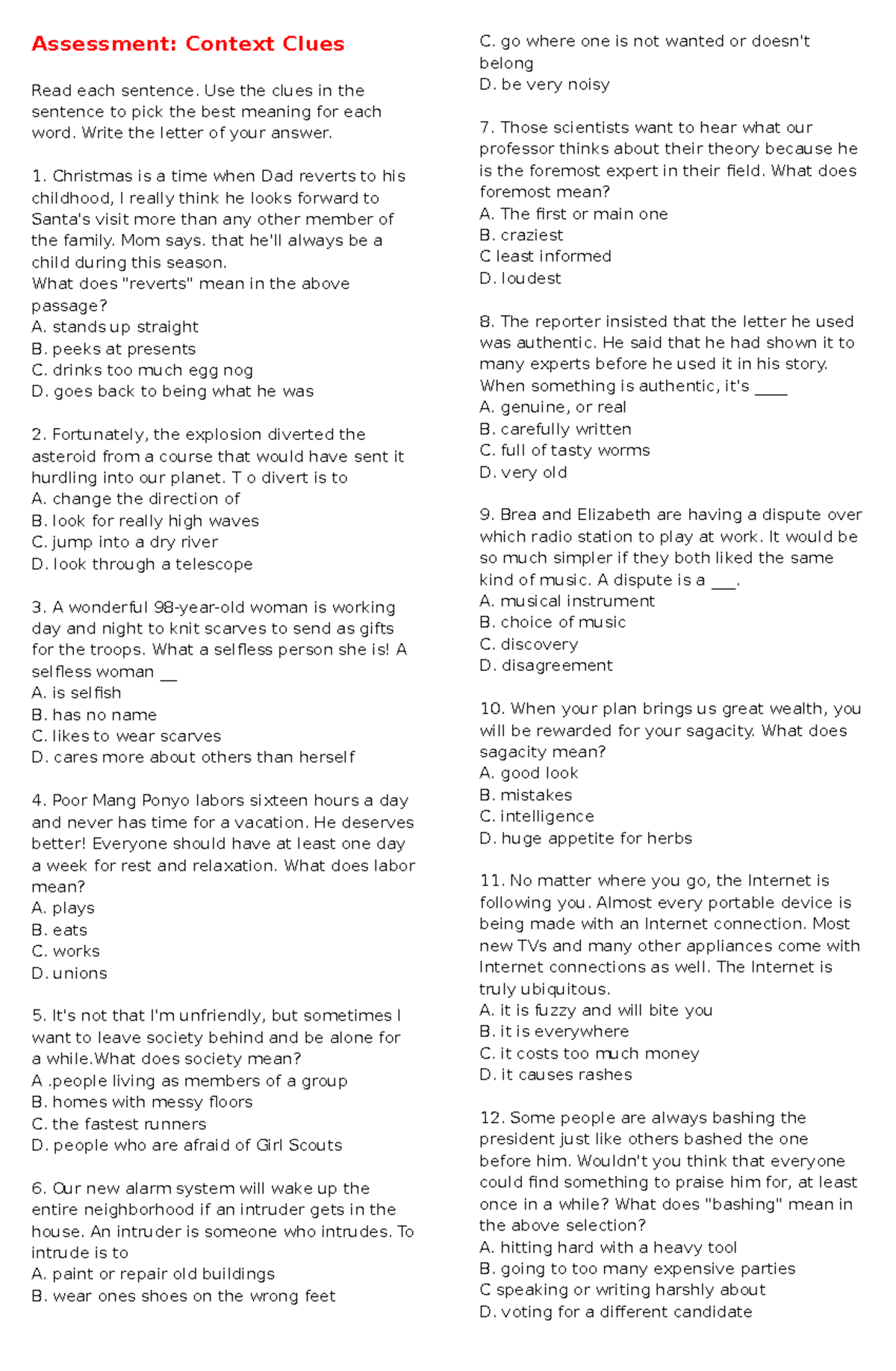 Context-clues - n/a - Assessment: Context Clues Read each sentence. Use ...