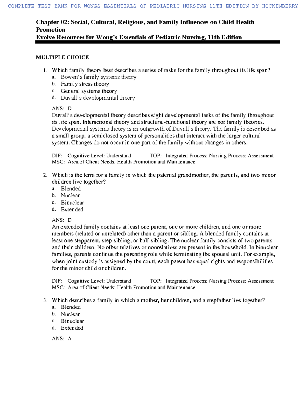 Peds sample test bank - Peds test bank - Chapter 02: Social, Cultural ...