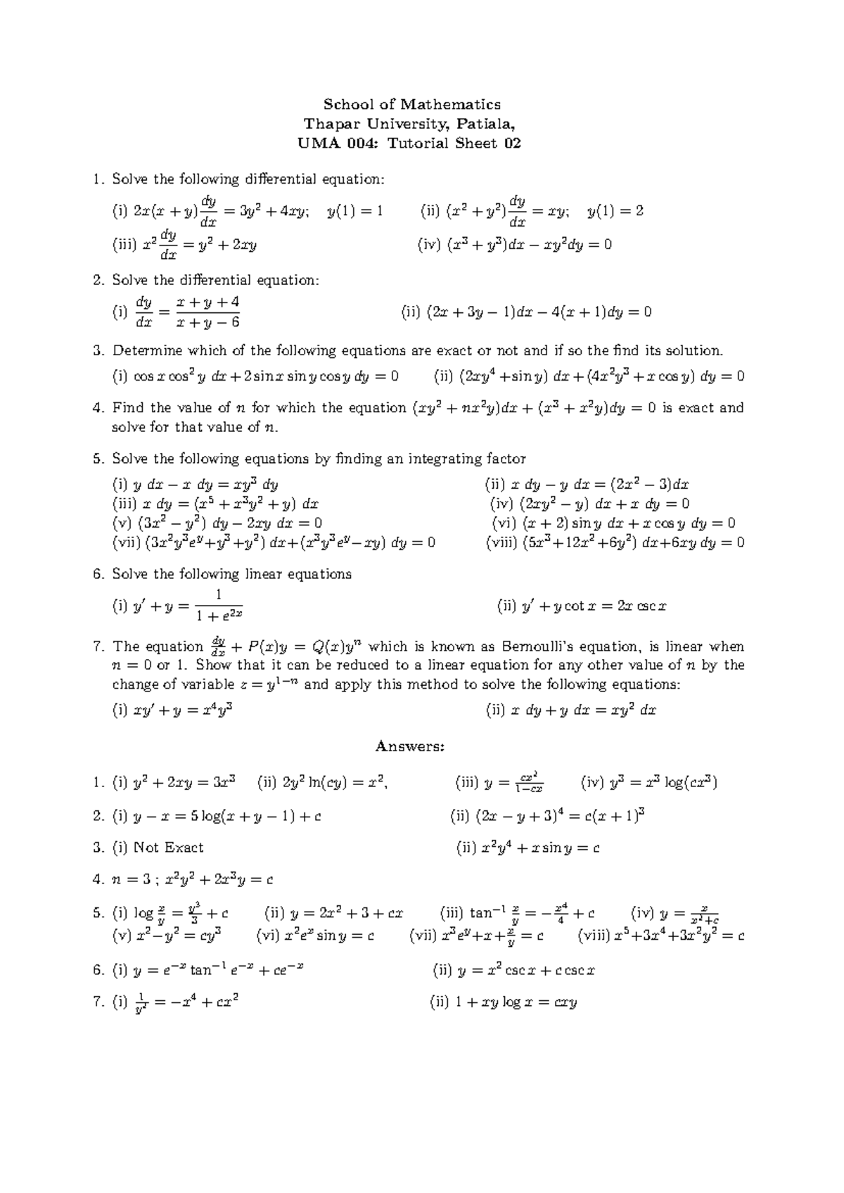 Tutorial sheet 2 - School of Mathematics Thapar University, Patiala ...