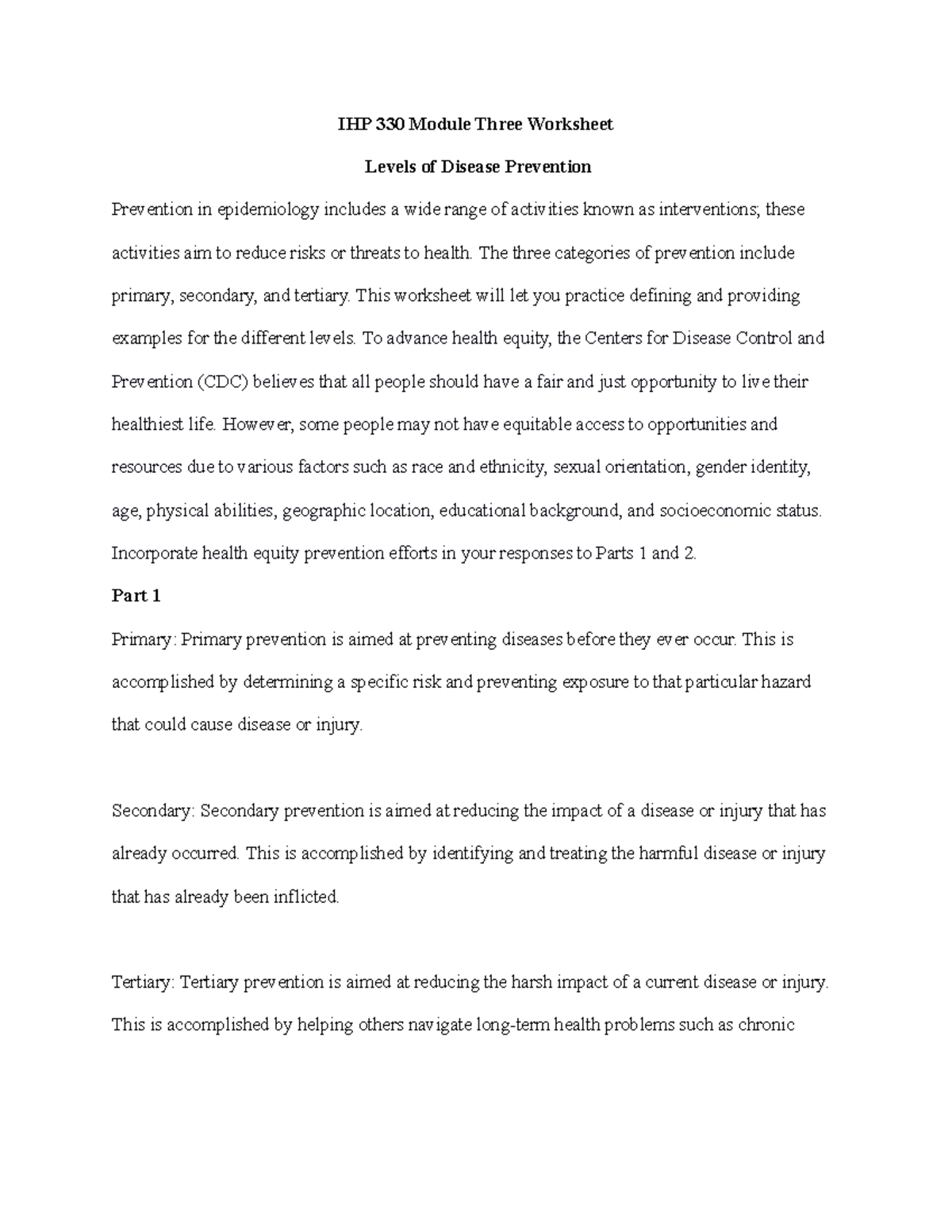 IHP 330 Module Three Worksheet - IHP 330 Module Three Worksheet Levels ...