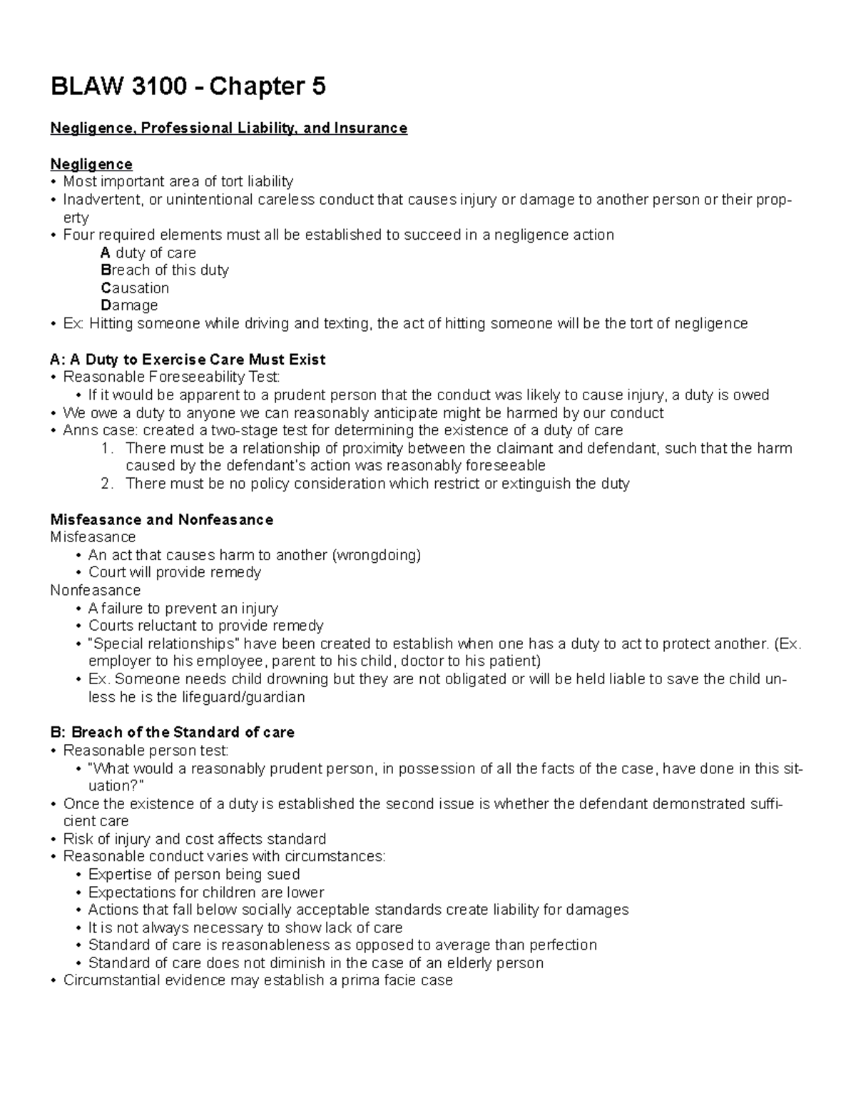 Chapter 5 Notes Blaw 3100 Chapter 5 Negligence Professional