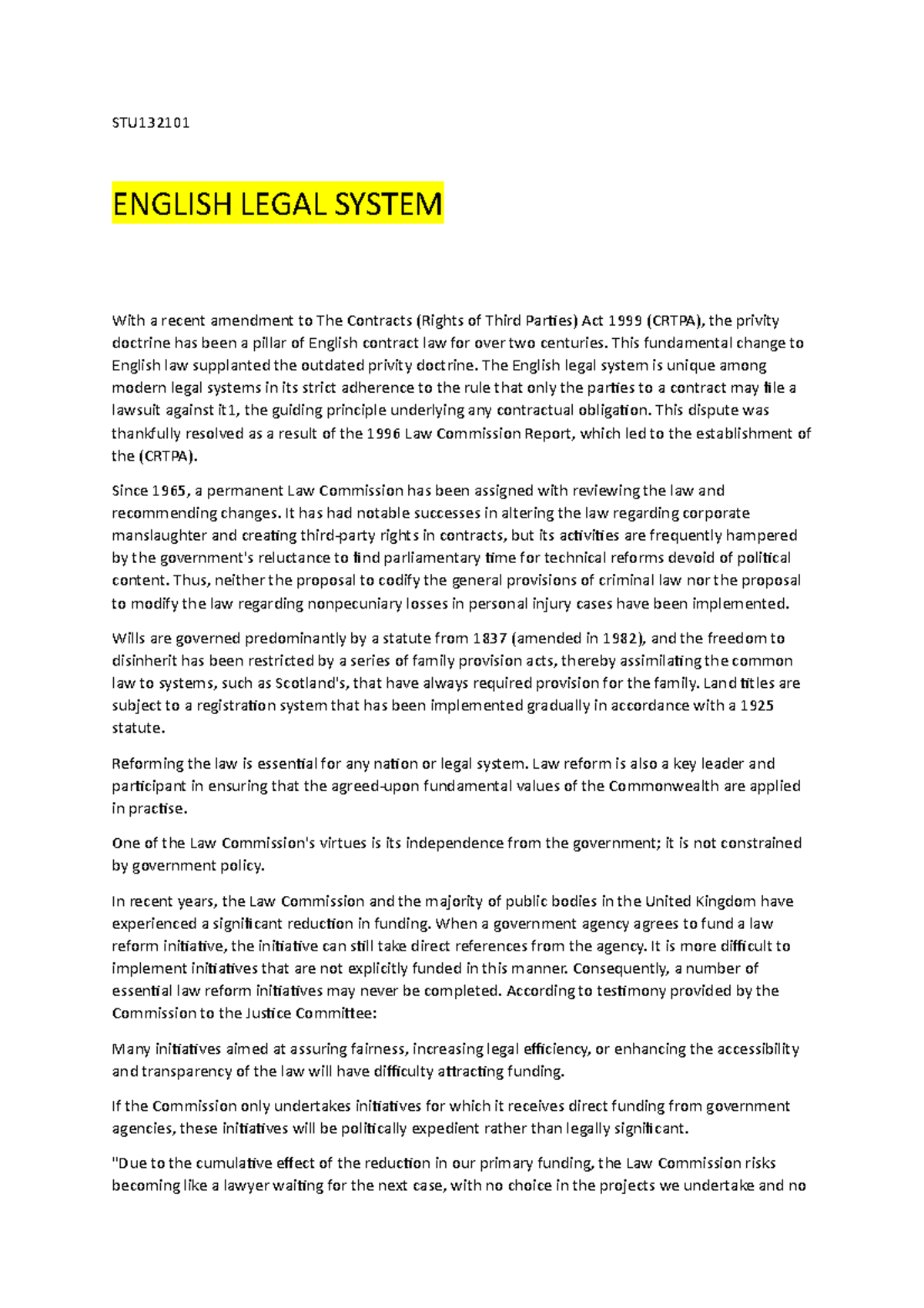 English Legal System - STU ENGLISH LEGAL SYSTEM With a recent amendment ...